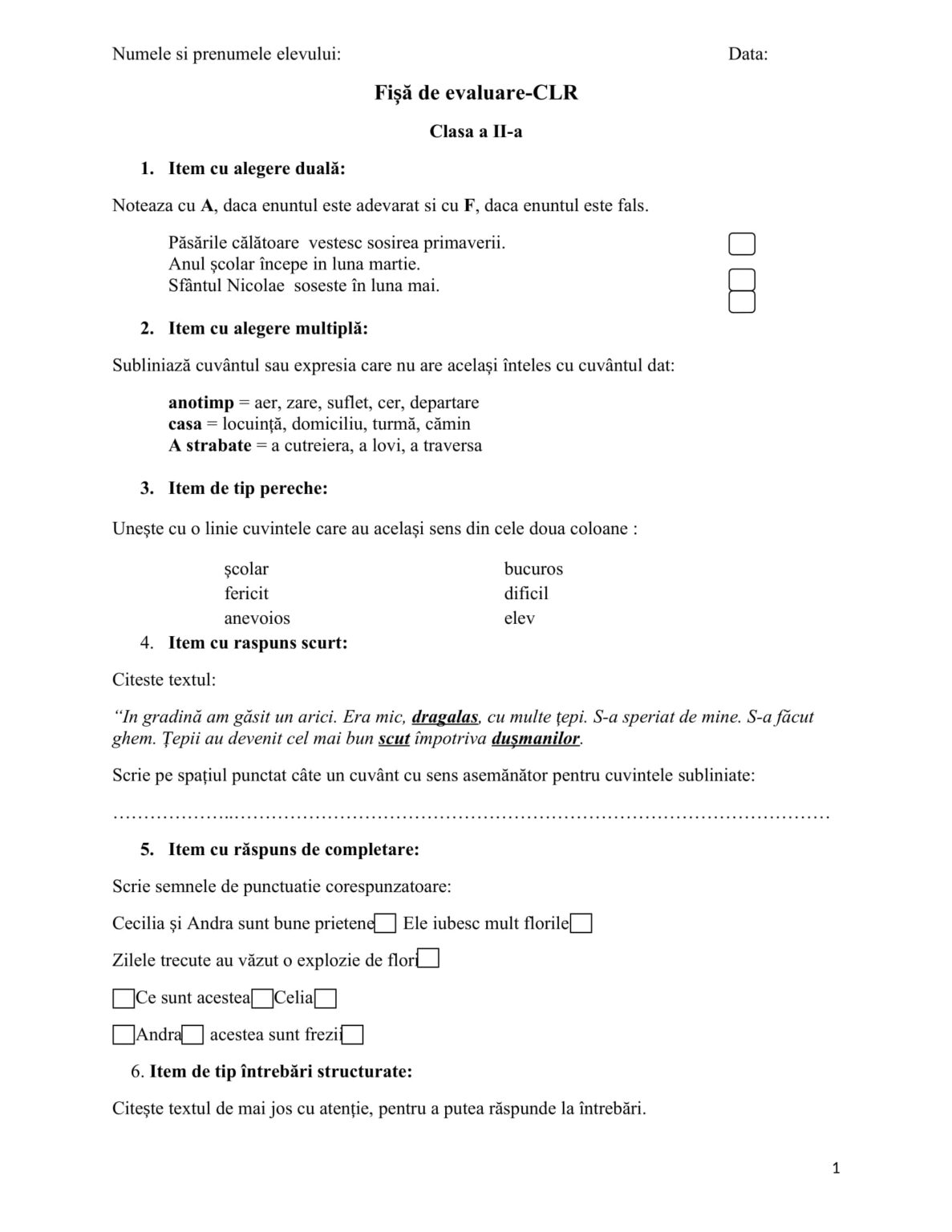 AcademiaABC – Fișă de evaluare-CLR(clasa a II-a)