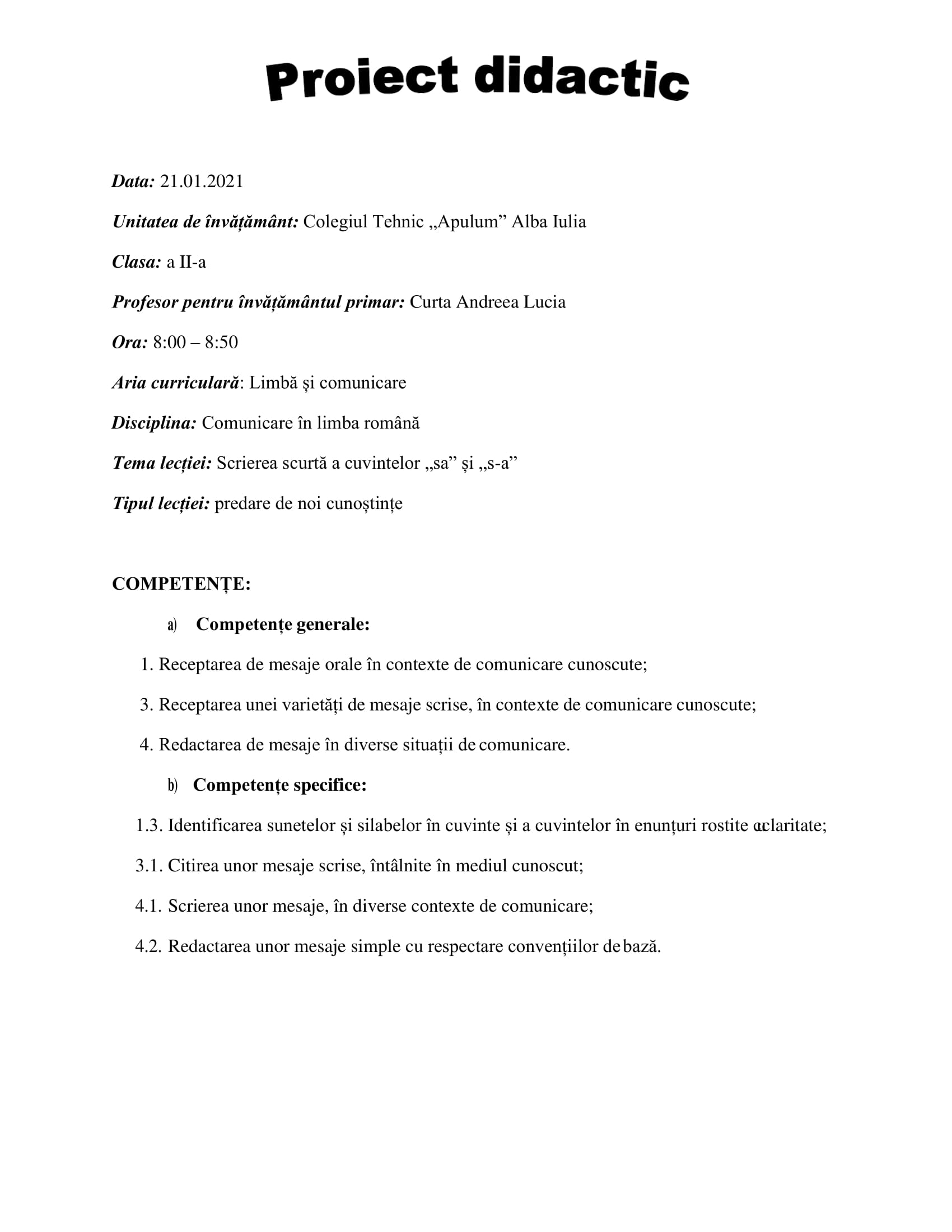 AcademiaABC – Proiect didactic- Scrierea scurtă a cuvintelor „sa” și „s-a”