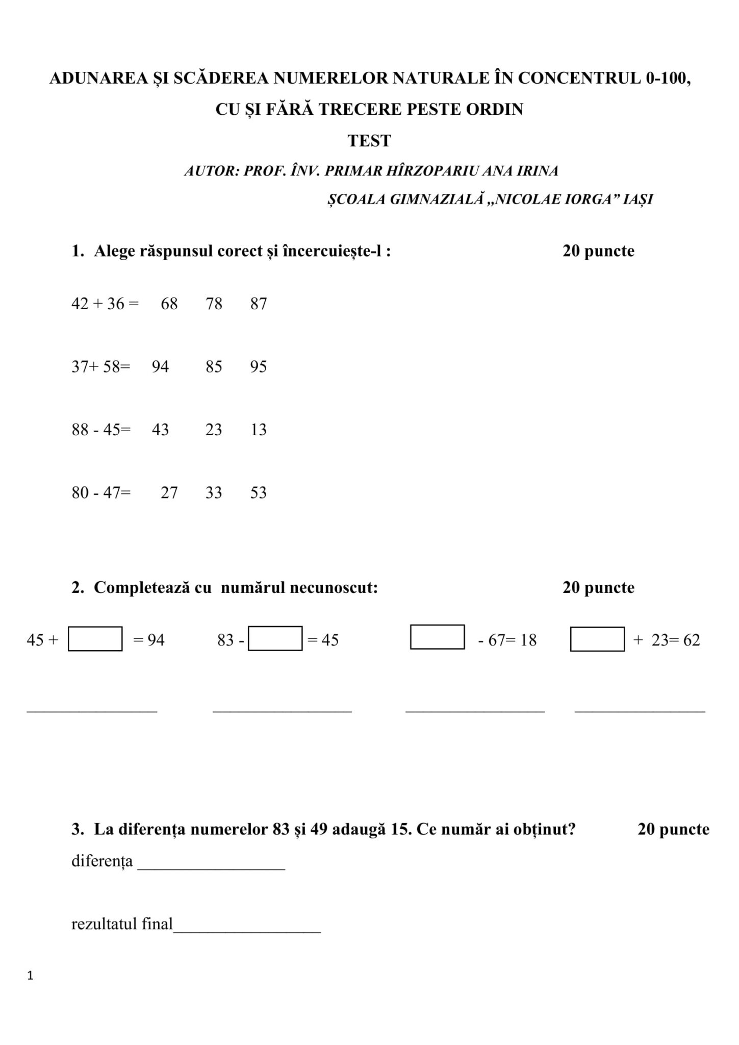 AcademiaABC – Evaluare Adunarea și scăderea în concentrul 0-100 cu și fără trecere peste ordin