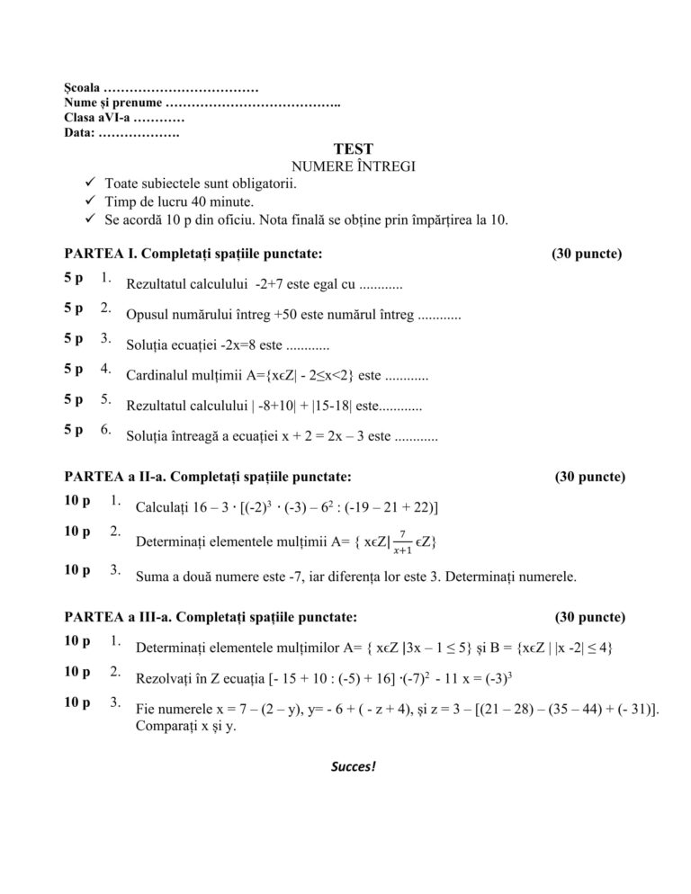 AcademiaABC – Evaluare Numere întregi