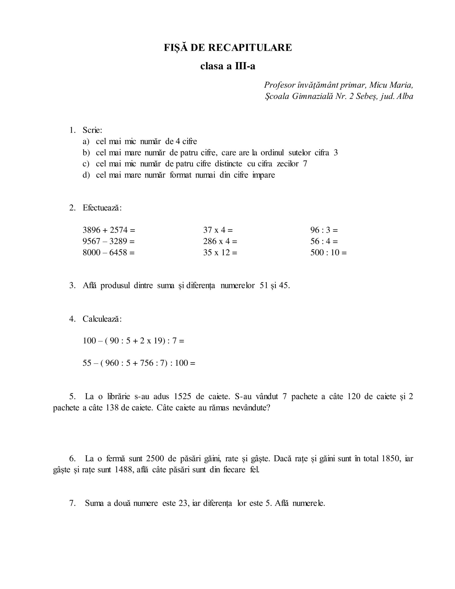 AcademiaABC – Fișă de recapitulare-Matematică, Clasa a III-a