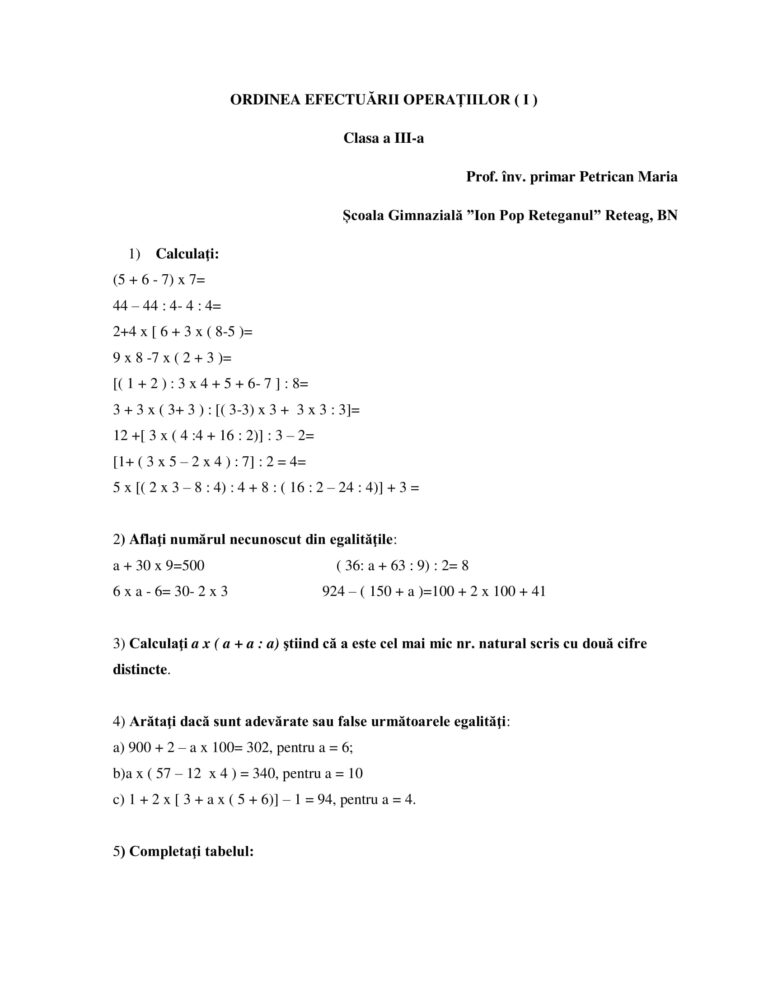 AcademiaABC – Fișă de lucru-Ordinea efectuării operațiilor Clasa a III-a