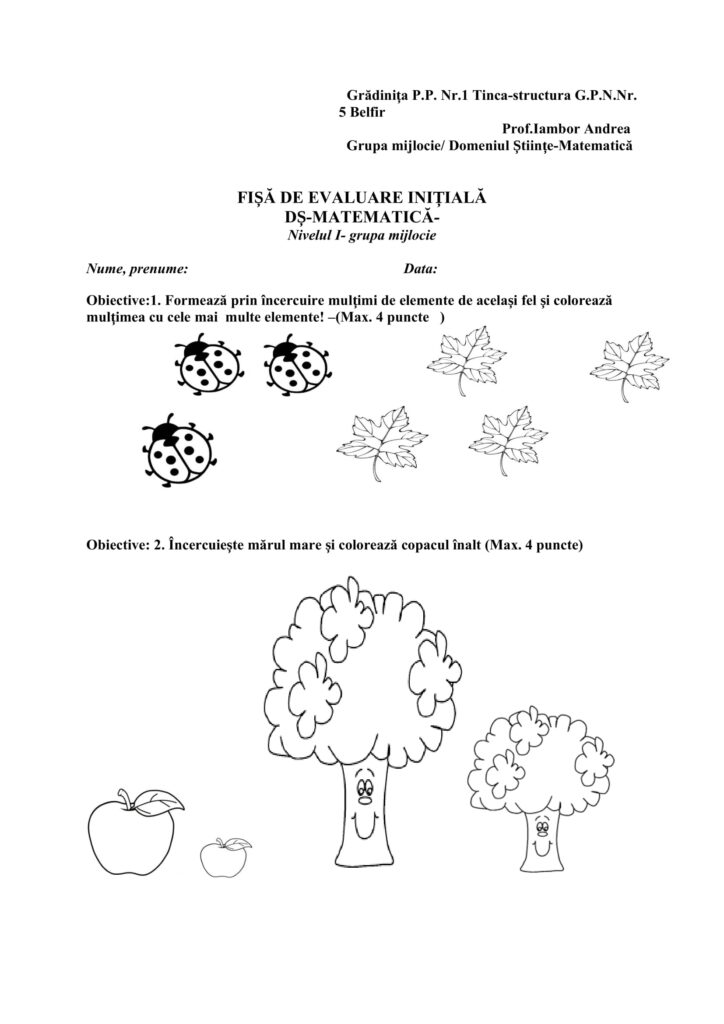 AcademiaABC – Evaluare inițială Matematică Grupa mijlocie