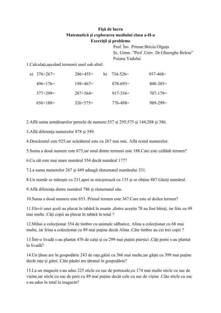 AcademiaABC – Fișă de lucru-Exerciții și probleme Clasa a II-a