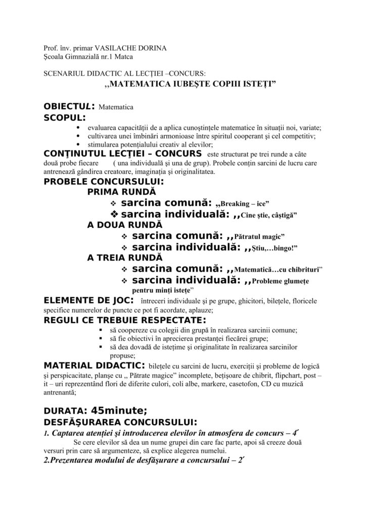 AcademiaABC – Scenariu didactic al lecției concurs-,,Matematica iubește copiii isteți”