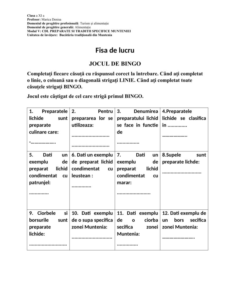 AcademiaABC – Fișă de lucru Turism și alimentație-Jocul de bingo
