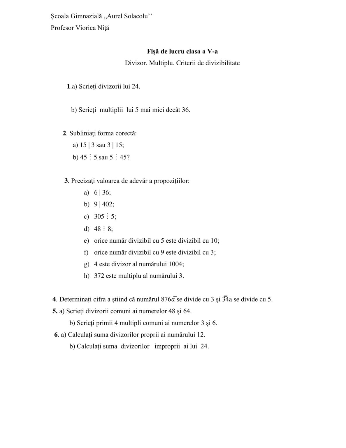 AcademiaABC – Fișă de lucru-Divizor. Multiplu. Criterii de divizibilitate Clasa a V-a