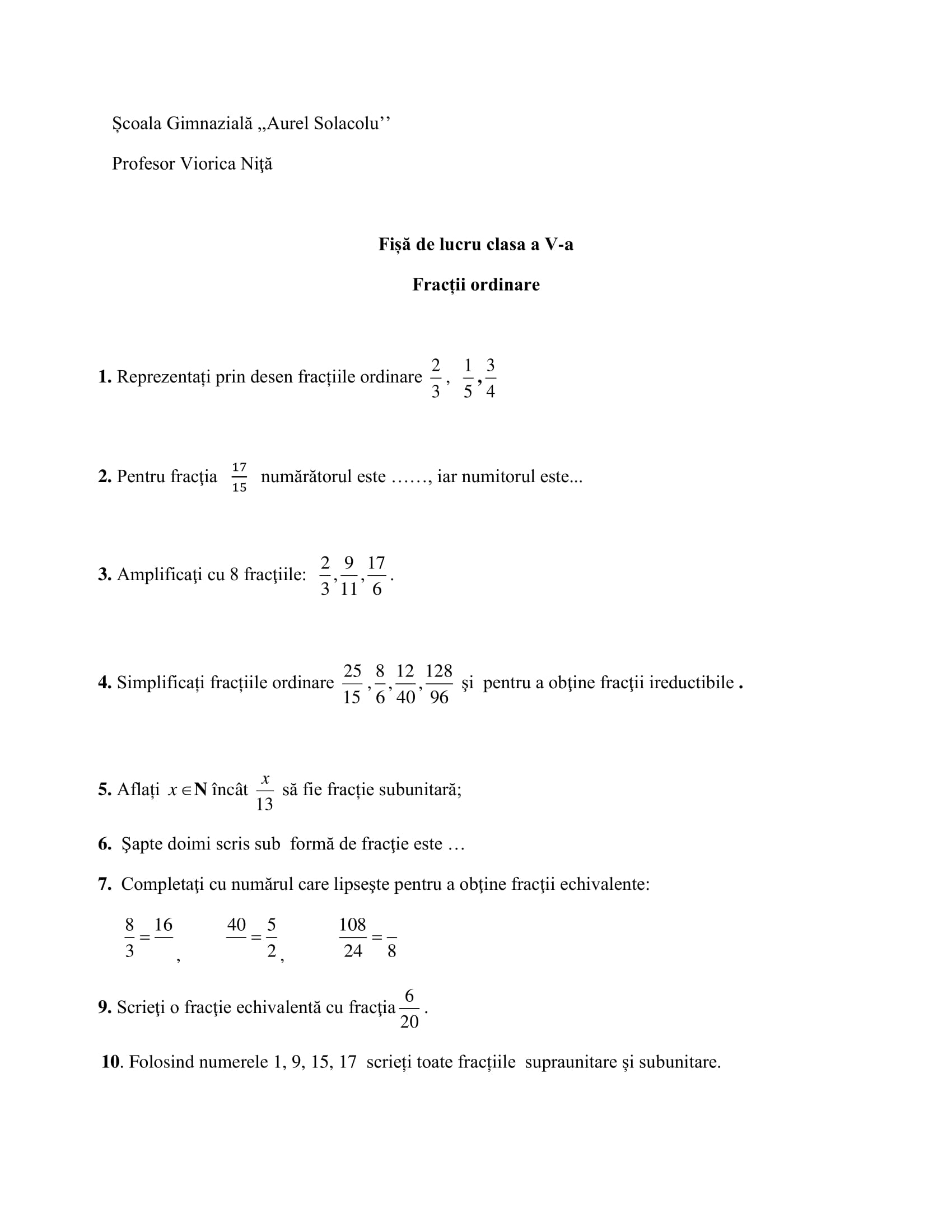 AcademiaABC – Fișă de lucru-Fracții ordinare Clasa a V-a