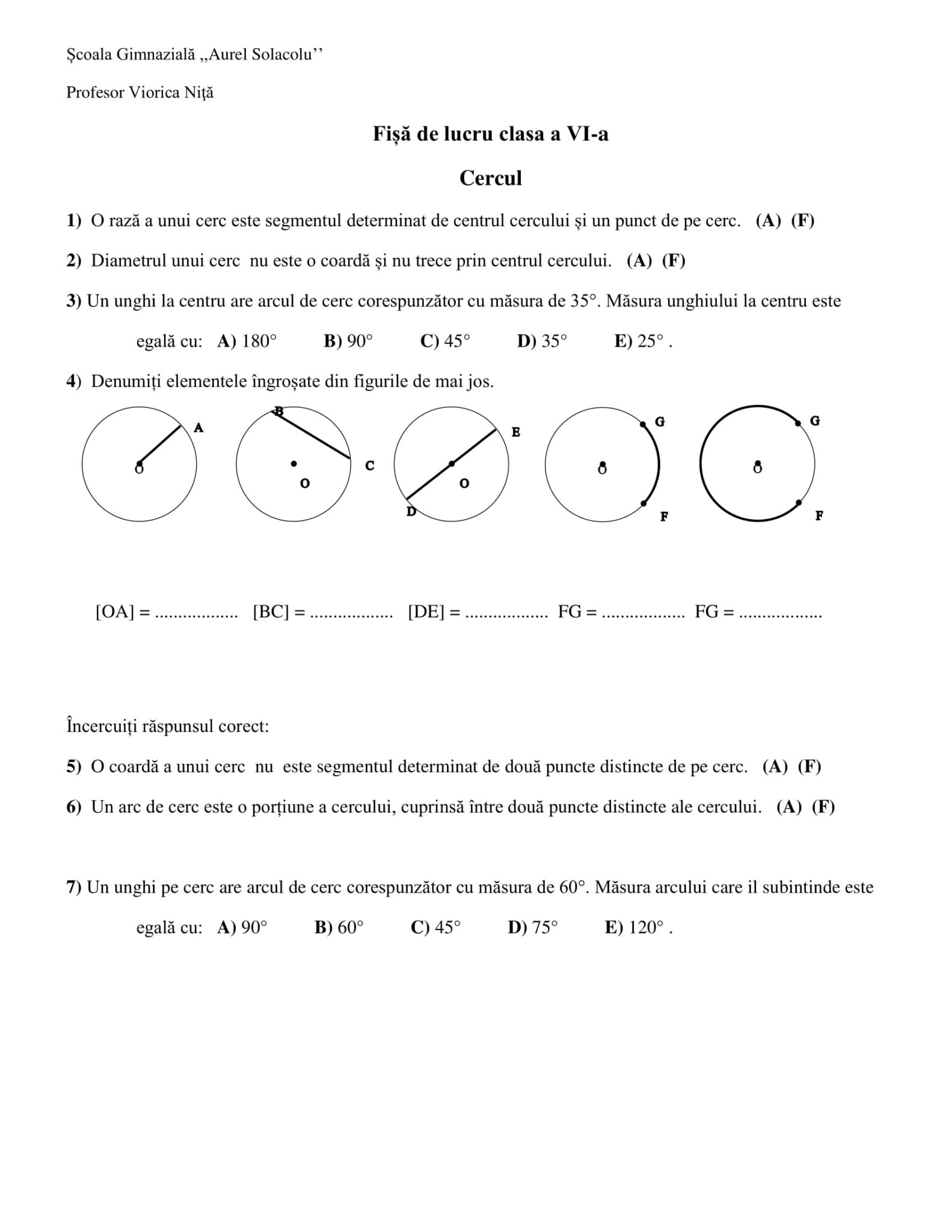 AcademiaABC – Fișă de lucru-Cercul Clasa a VI-a