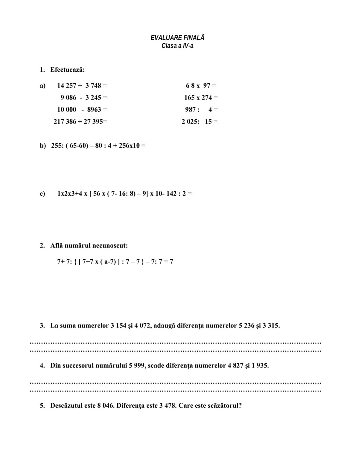 AcademiaABC – Evaluare finală Matematică Clasa a IV-a