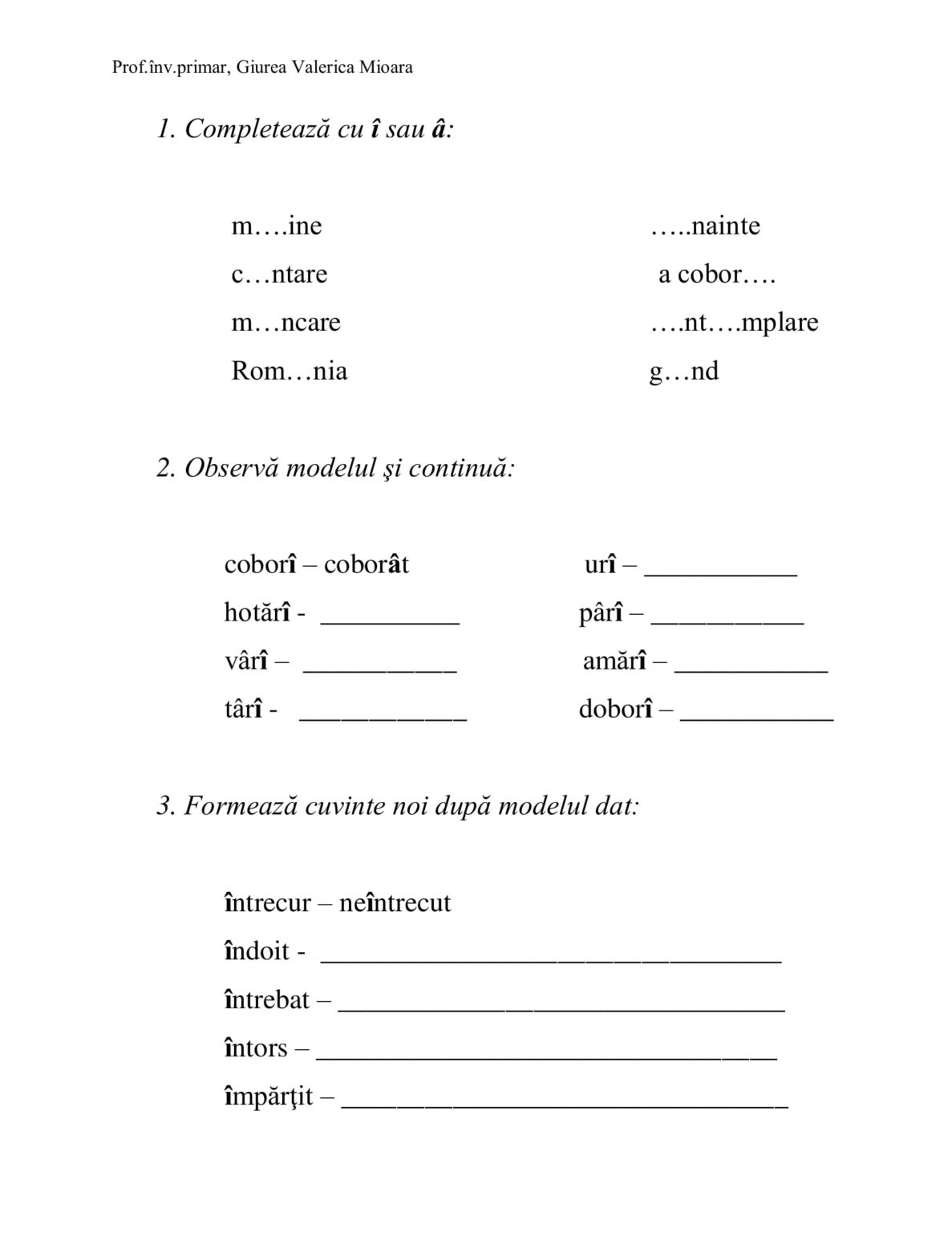 AcademiaABC – Fișă de lucru-Scrierea cuvintelor cu ,,î” și ,,â”