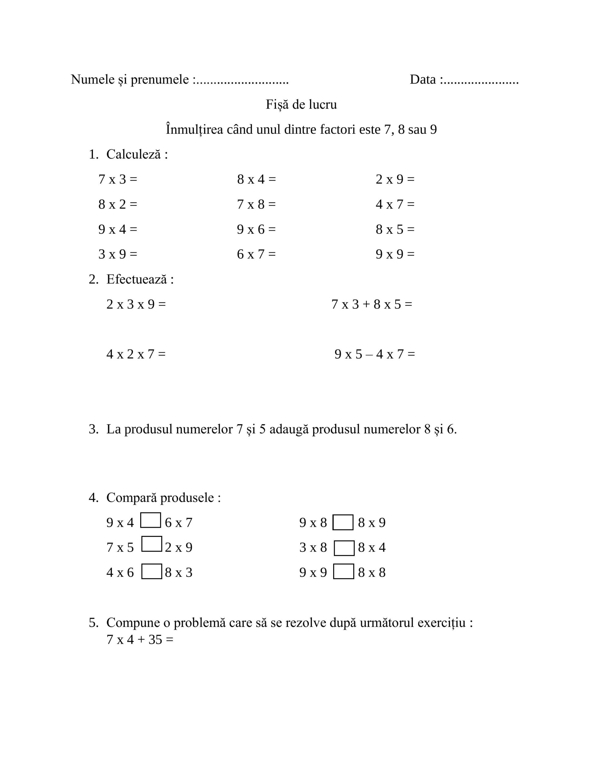 AcademiaABC – Fișă de lucru-Înmulțirea când unul dintre factori este 7, 8 sau 9