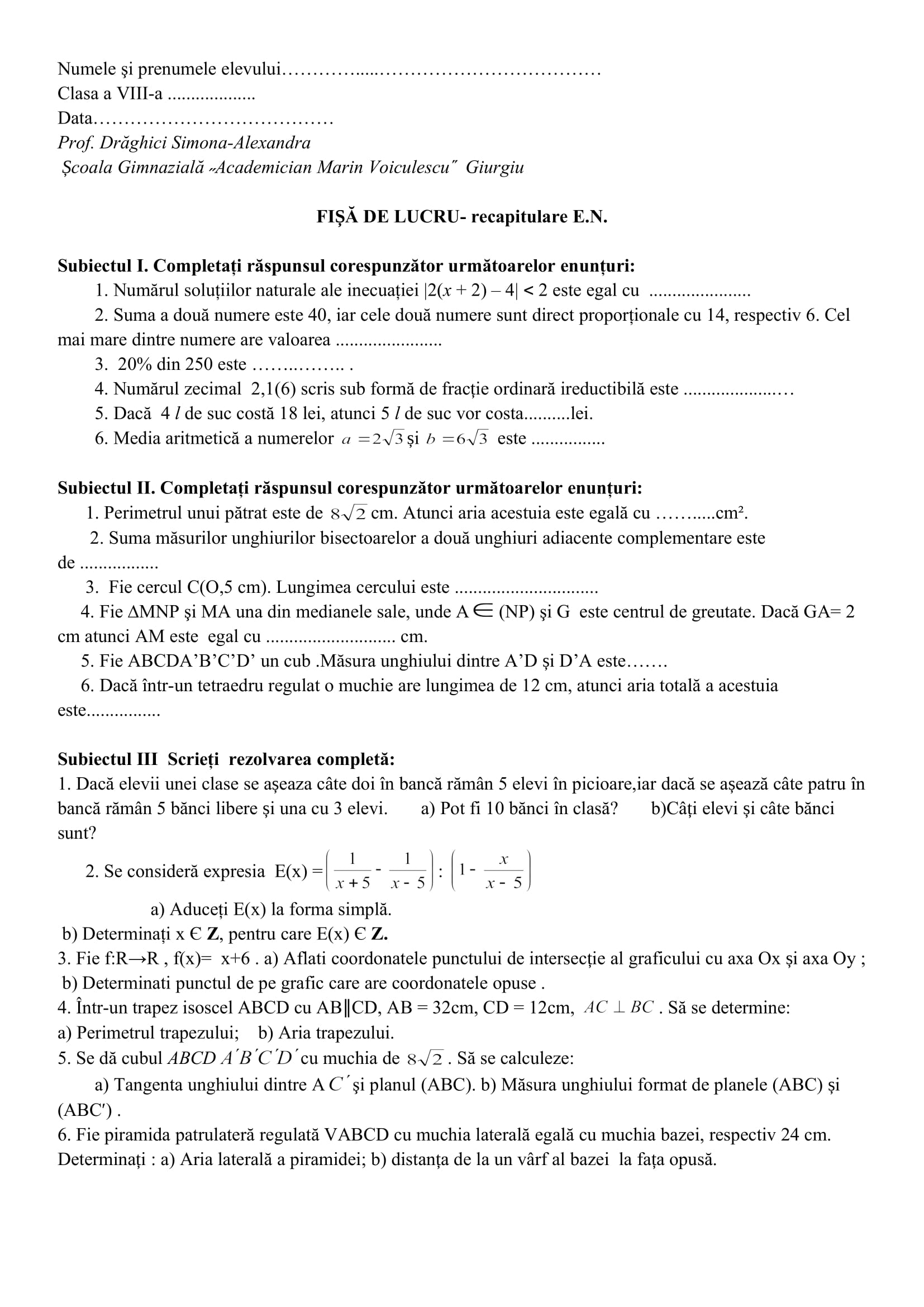 AcademiaABC – Recapitulare Evaluarea Națională Matematică Clasa a VIII-a
