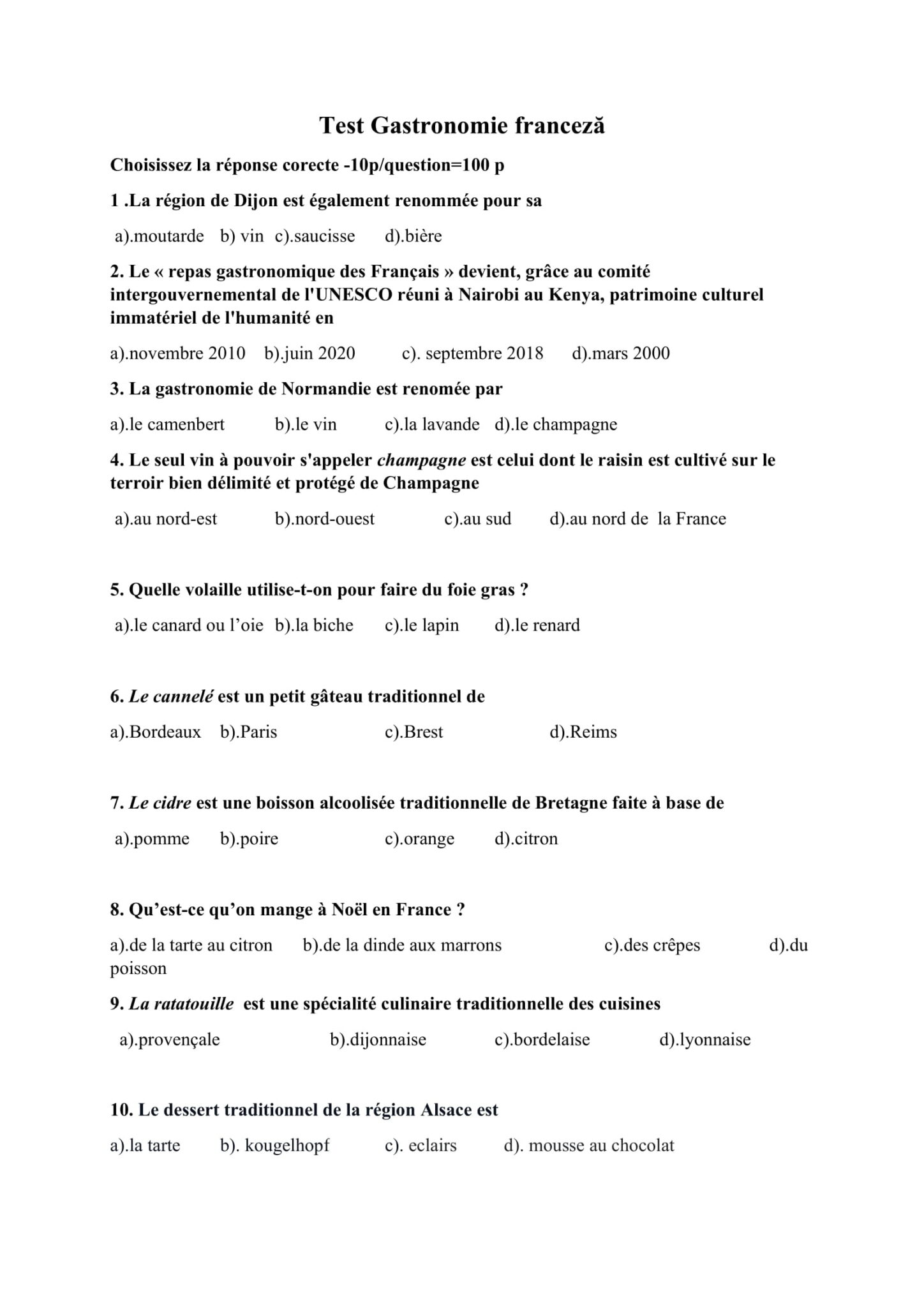 AcademiaABC – Test Gastronomie franceză