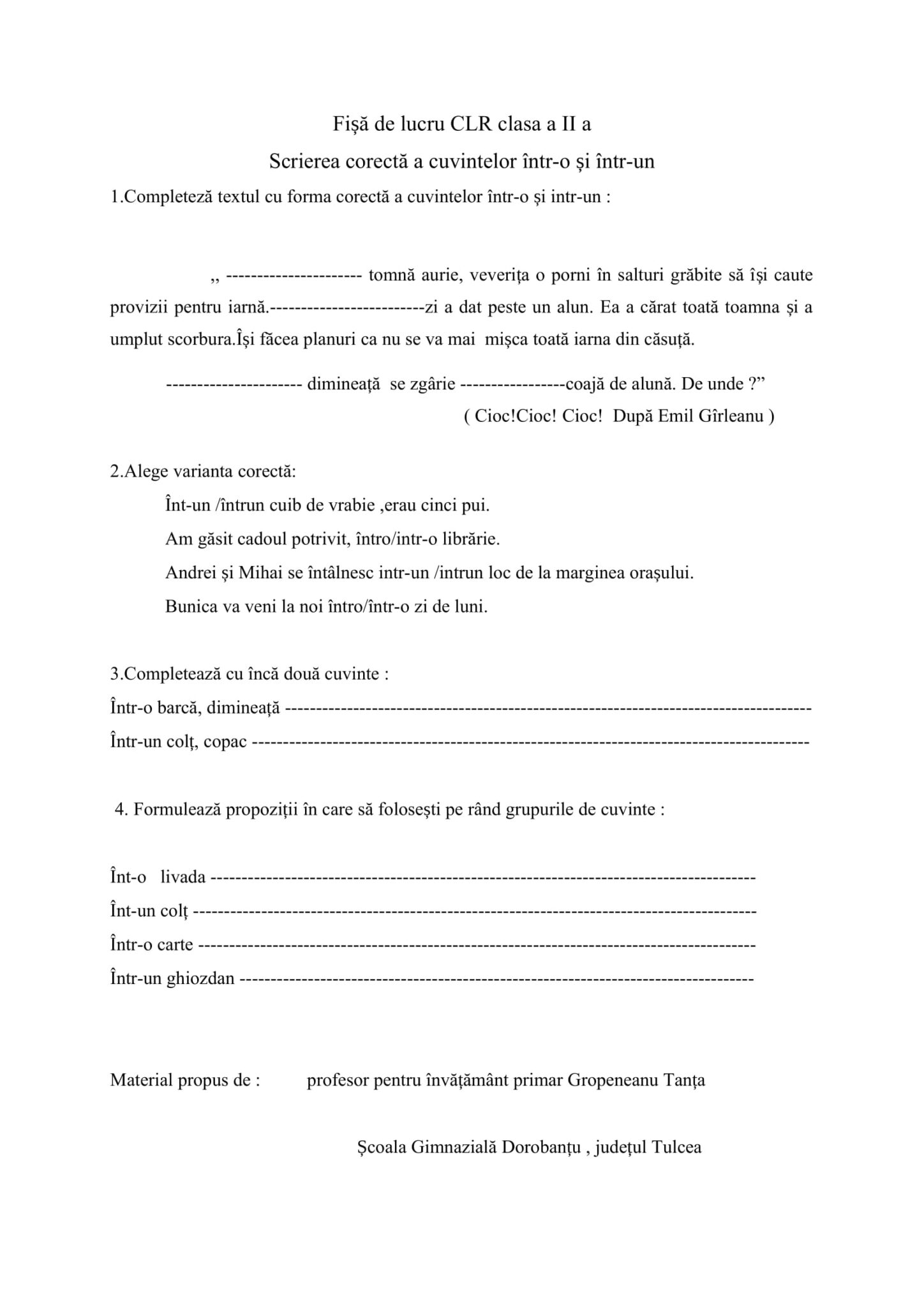 AcademiaABC – Fișă de lucru-Scrierea corectă a cuvintelor într-o și într-un