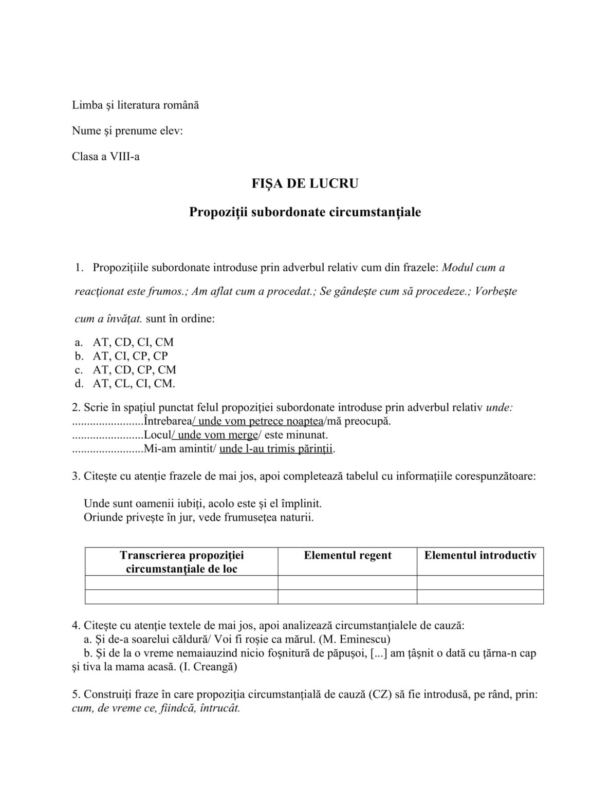 AcademiaABC – Fișă de lucru Clasa a VIII-a Propoziții subordonate circumstanțiale