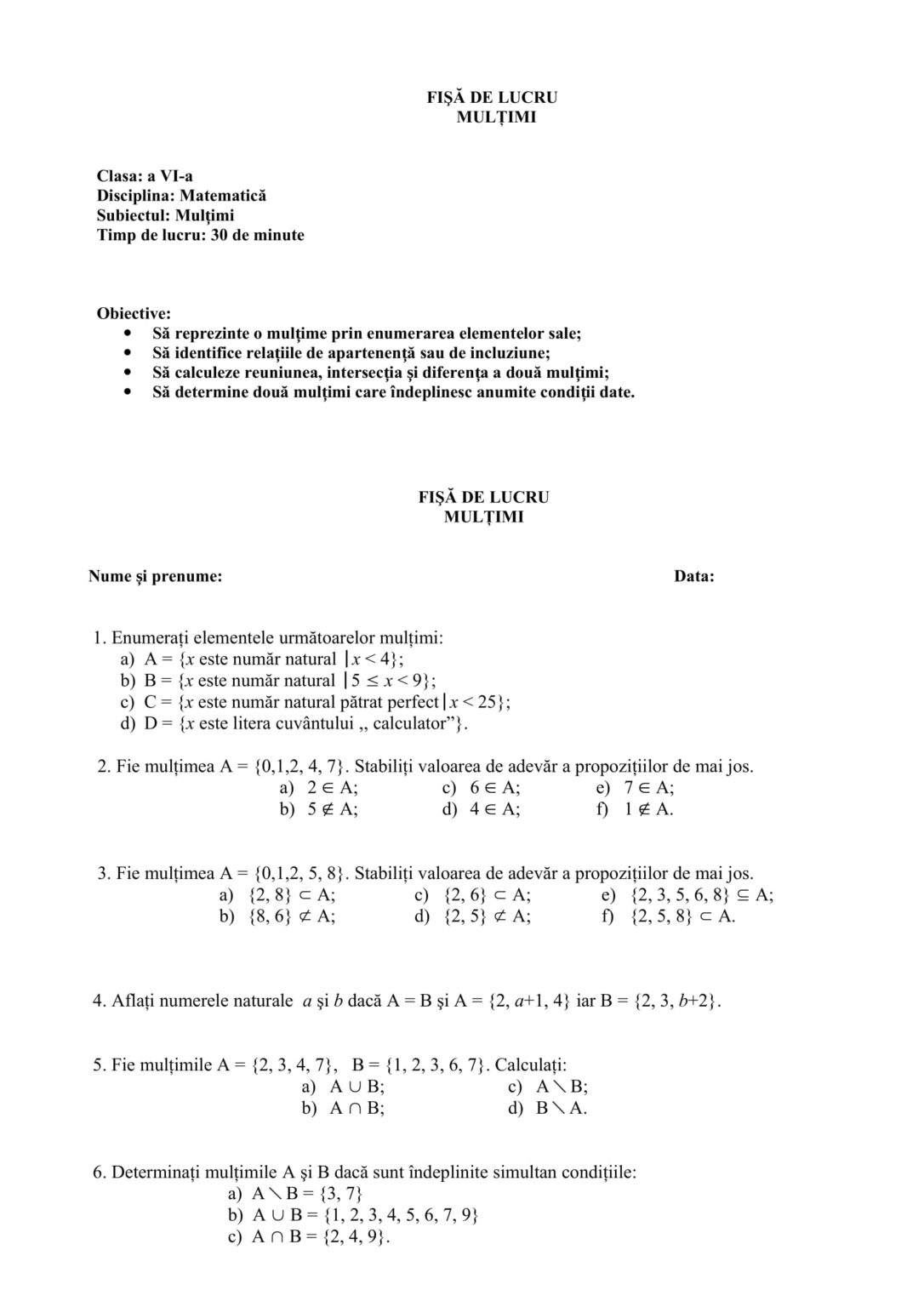 AcademiaABC – Fișă de lucru Clasa a VI-a Matematică-Mulțimi