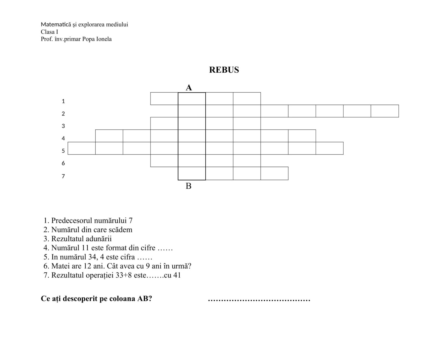 AcademiaABC – Rebus Matematică și explorarea mediului Clasa I