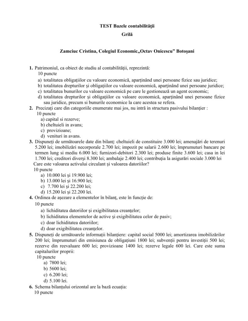 AcademiaABC – Test grilă-Bazele contabilității