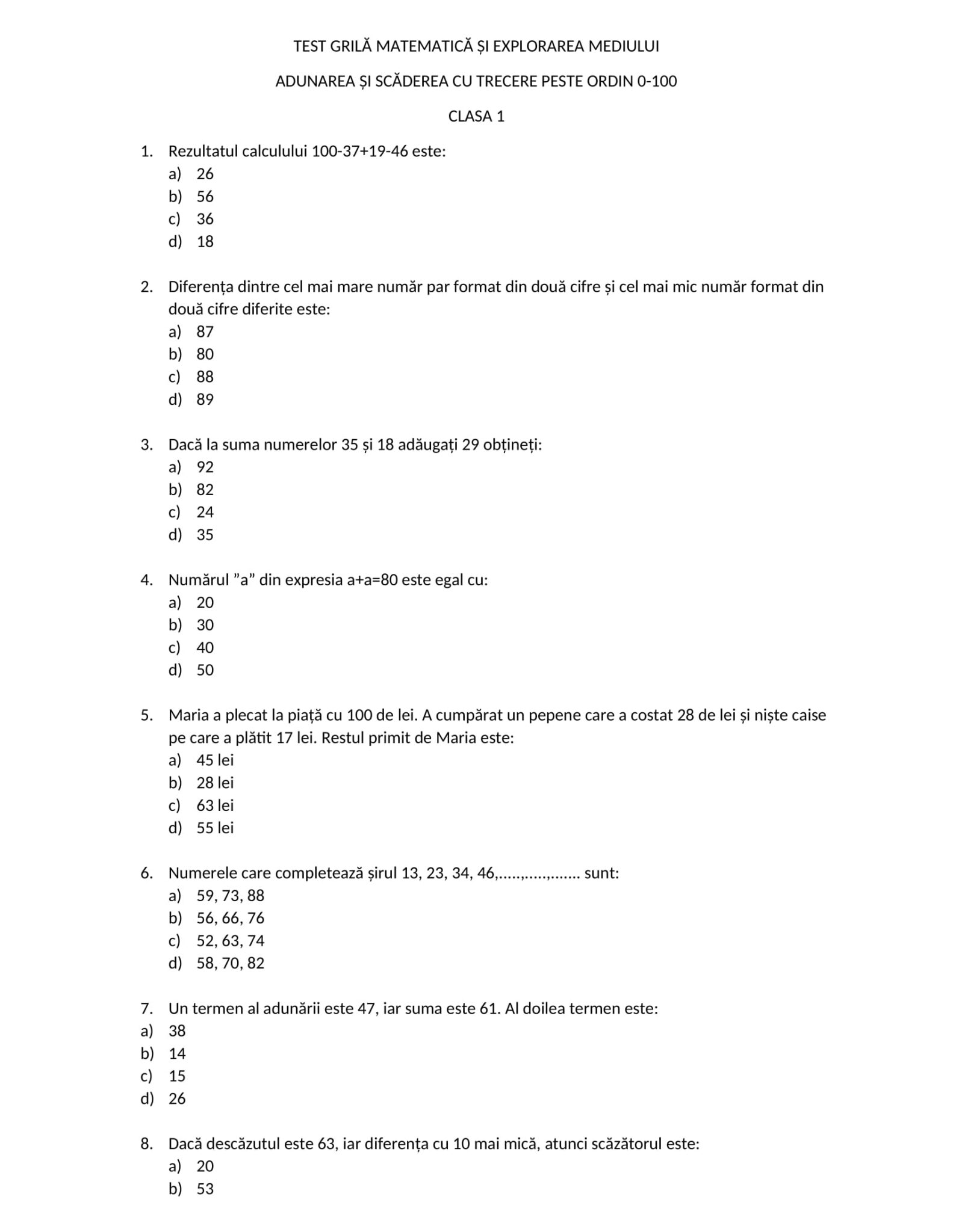 AcademiaABC – Test grilă Matematică Clasa I
