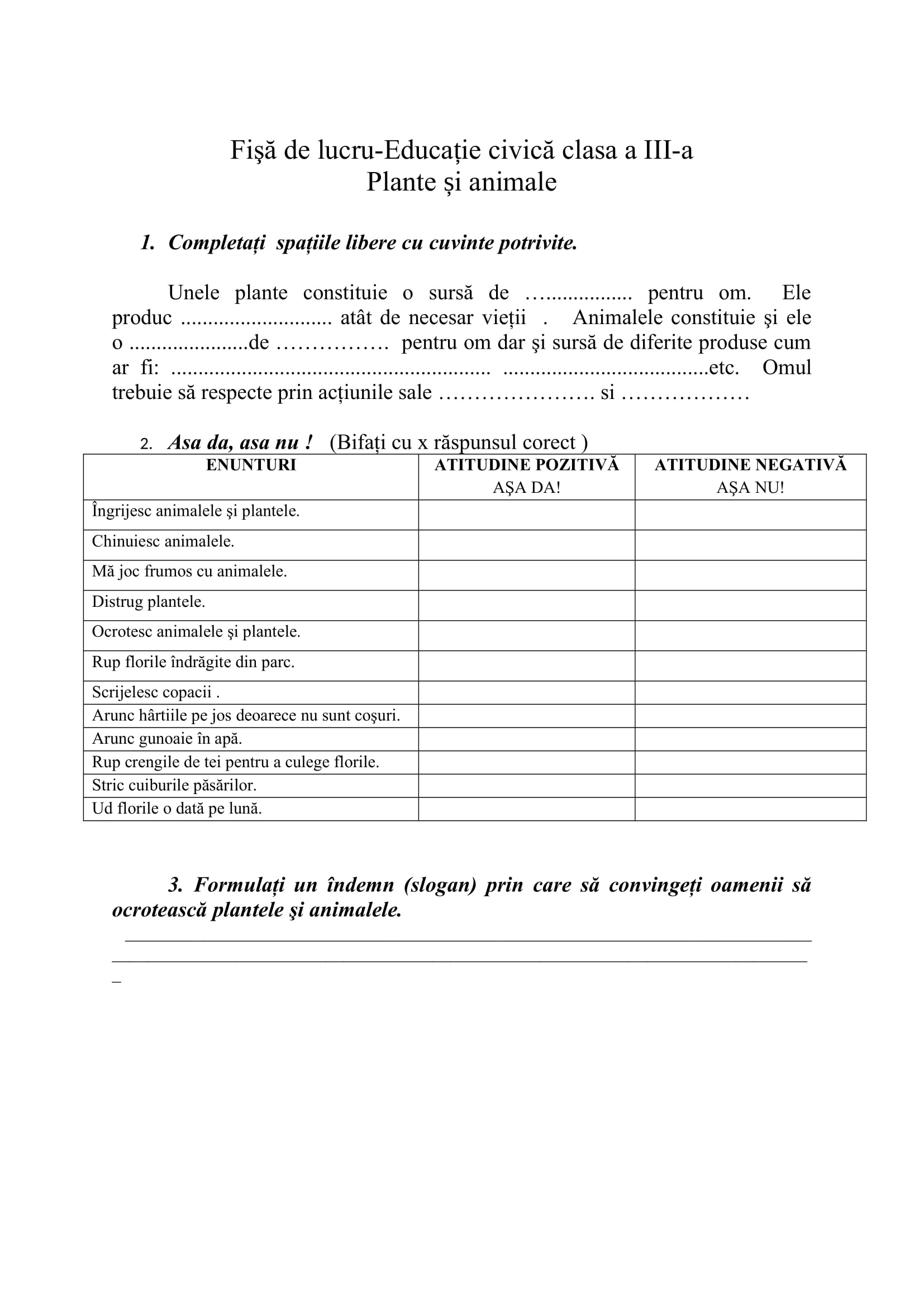 AcademiaABC – Plante și animale-Fişă de lucru Educație civică Clasa a III-a
