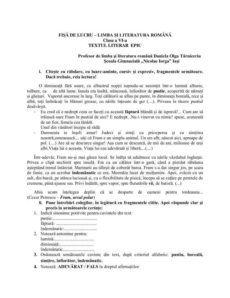 AcademiaABC – Fișă de lucru Limba și literatura română-Textul literar epic