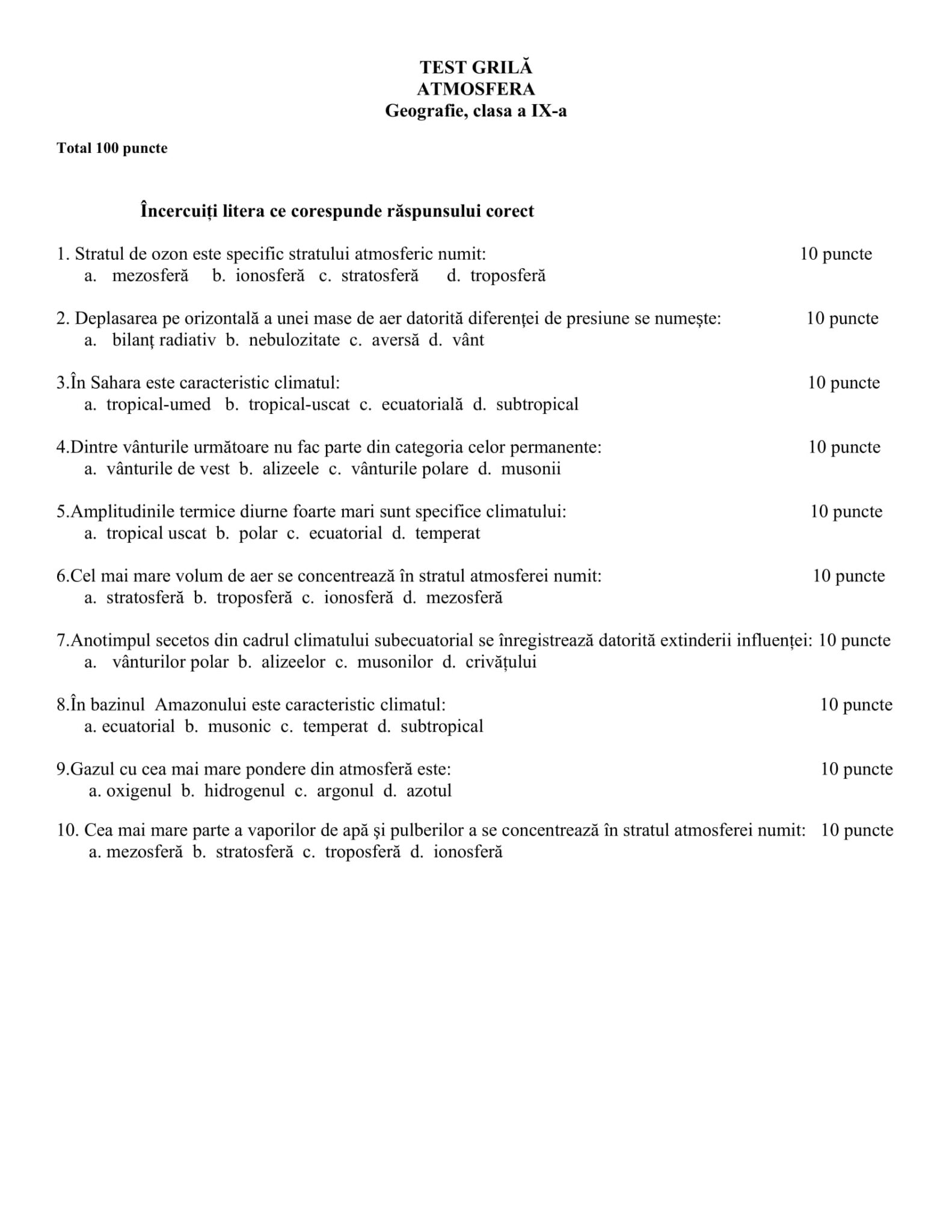 AcademiaABC – Test grilă Geografie-Atmosfera Clasa a IX-a