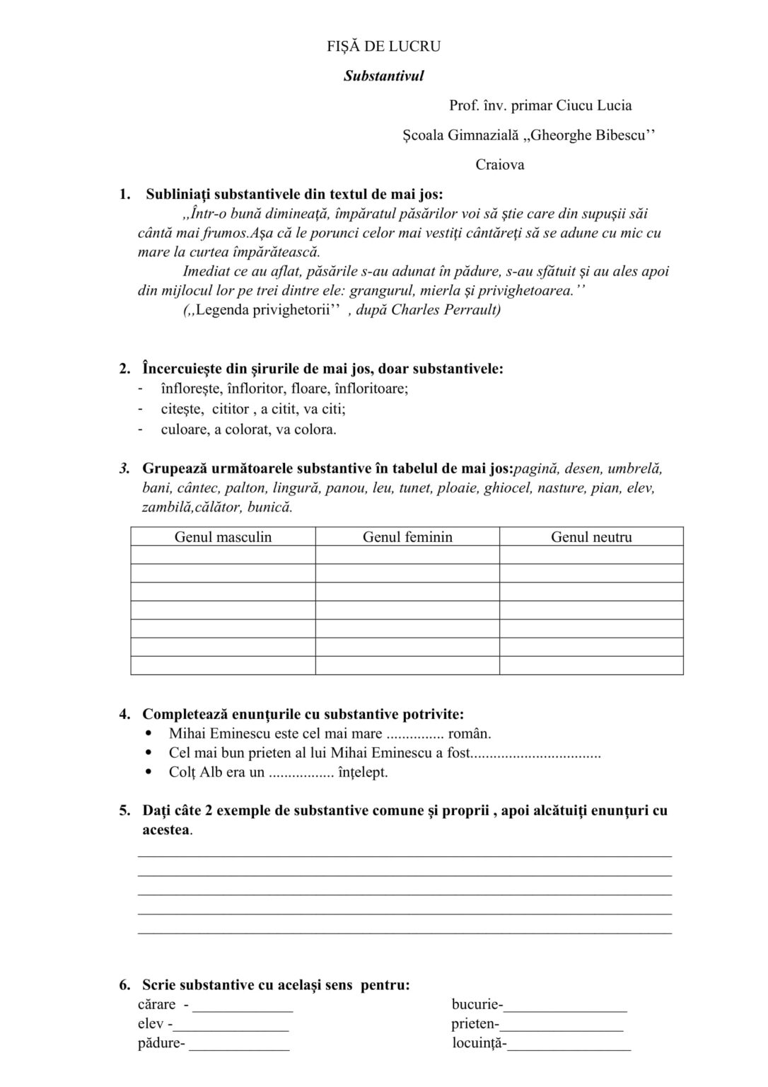 AcademiaABC – Fișă de lucru-Substantivul Clasa a III-a