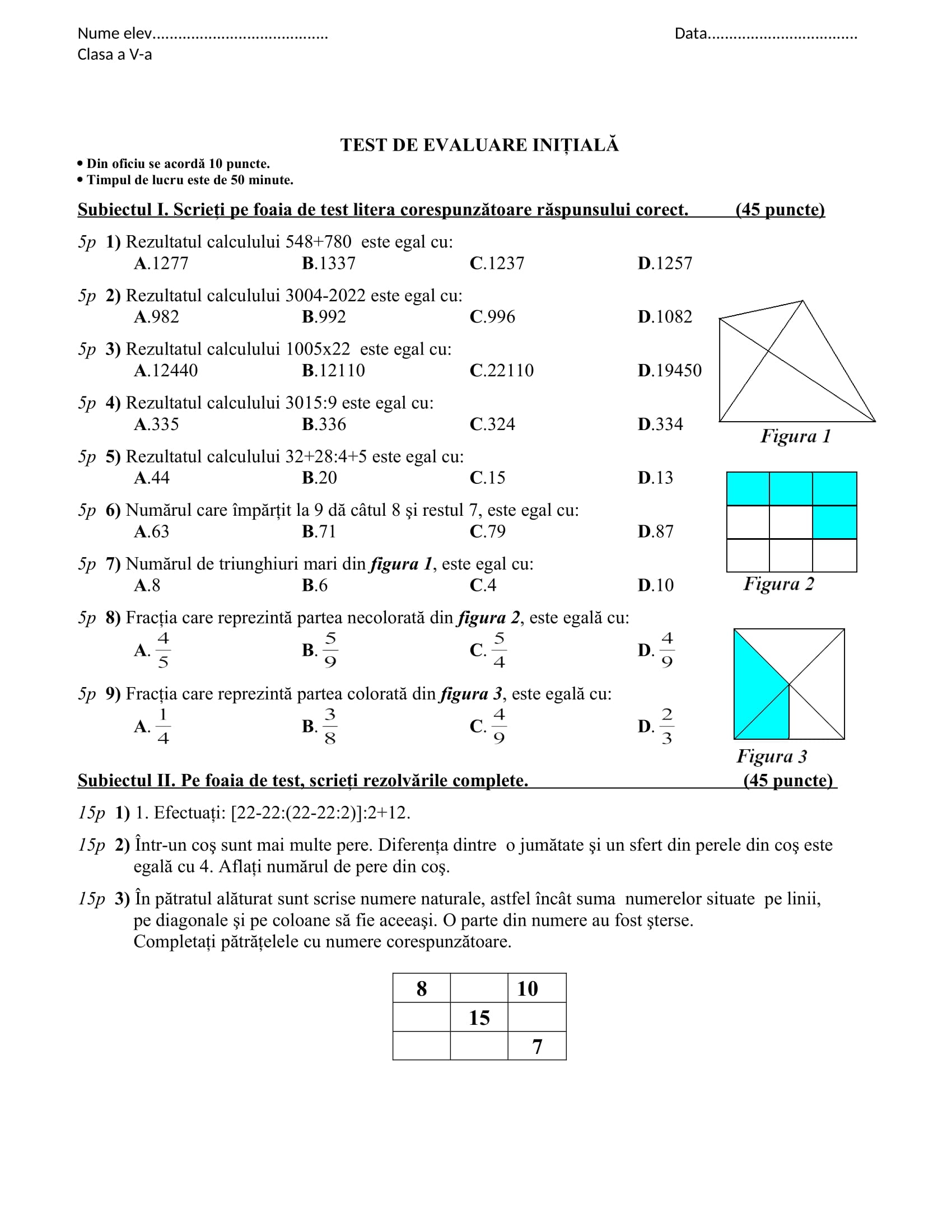 AcademiaABC – Evaluare inițială Matematică Clasa a V-a