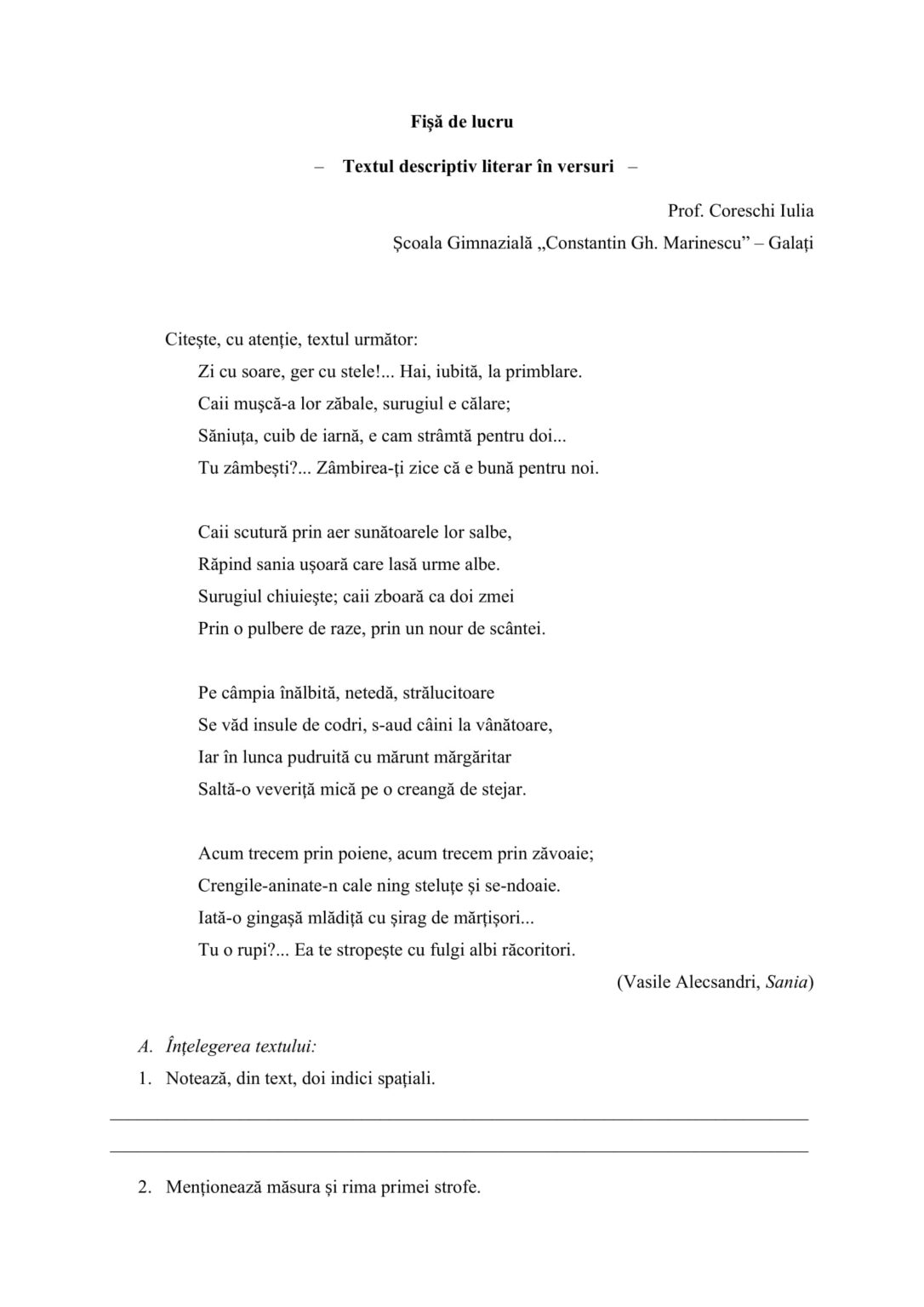 AcademiaABC – Fișă de lucru-Textul descriptiv literar în versuri