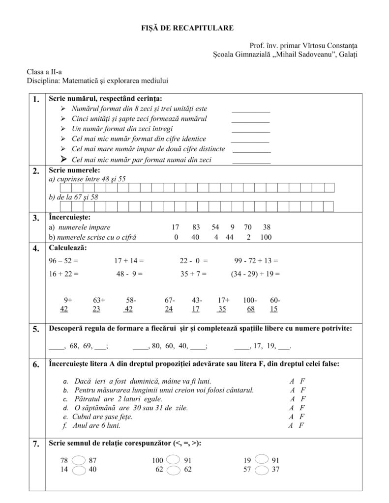AcademiaABC – Fișă de recapitulare-Matematică și explorarea mediului Clasa a II-a