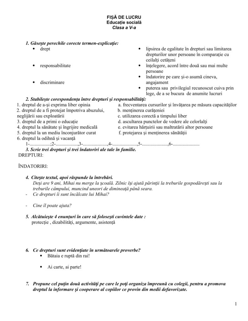 AcademiaABC – Fișă de lucru-Educație socială Clasa a V-a