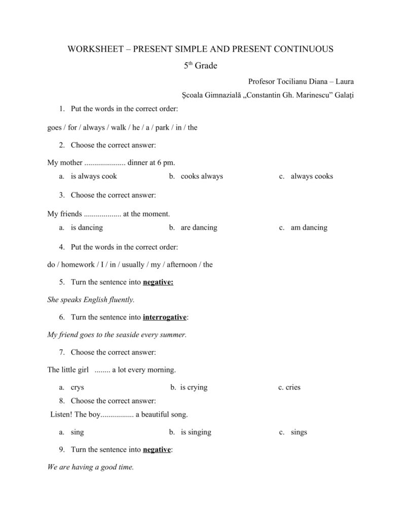 AcademiaABC – Worksheet 5th Grade– Present simple and present continuous
