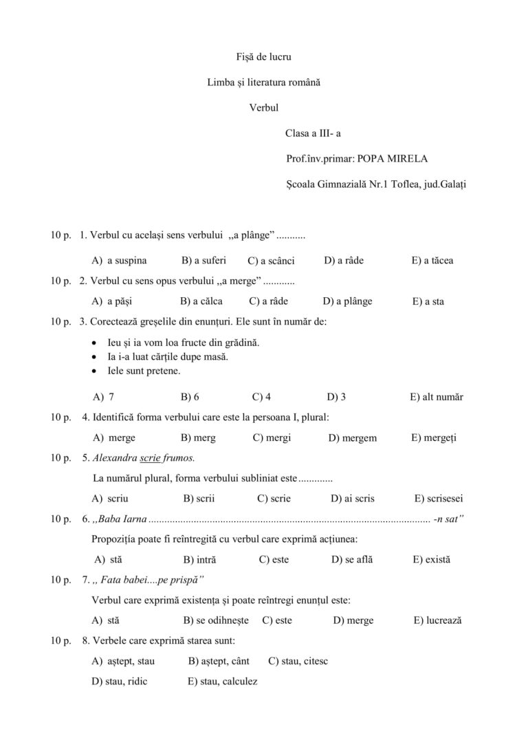 AcademiaABC – Fișă de lucru Clasa a III-a Verbul