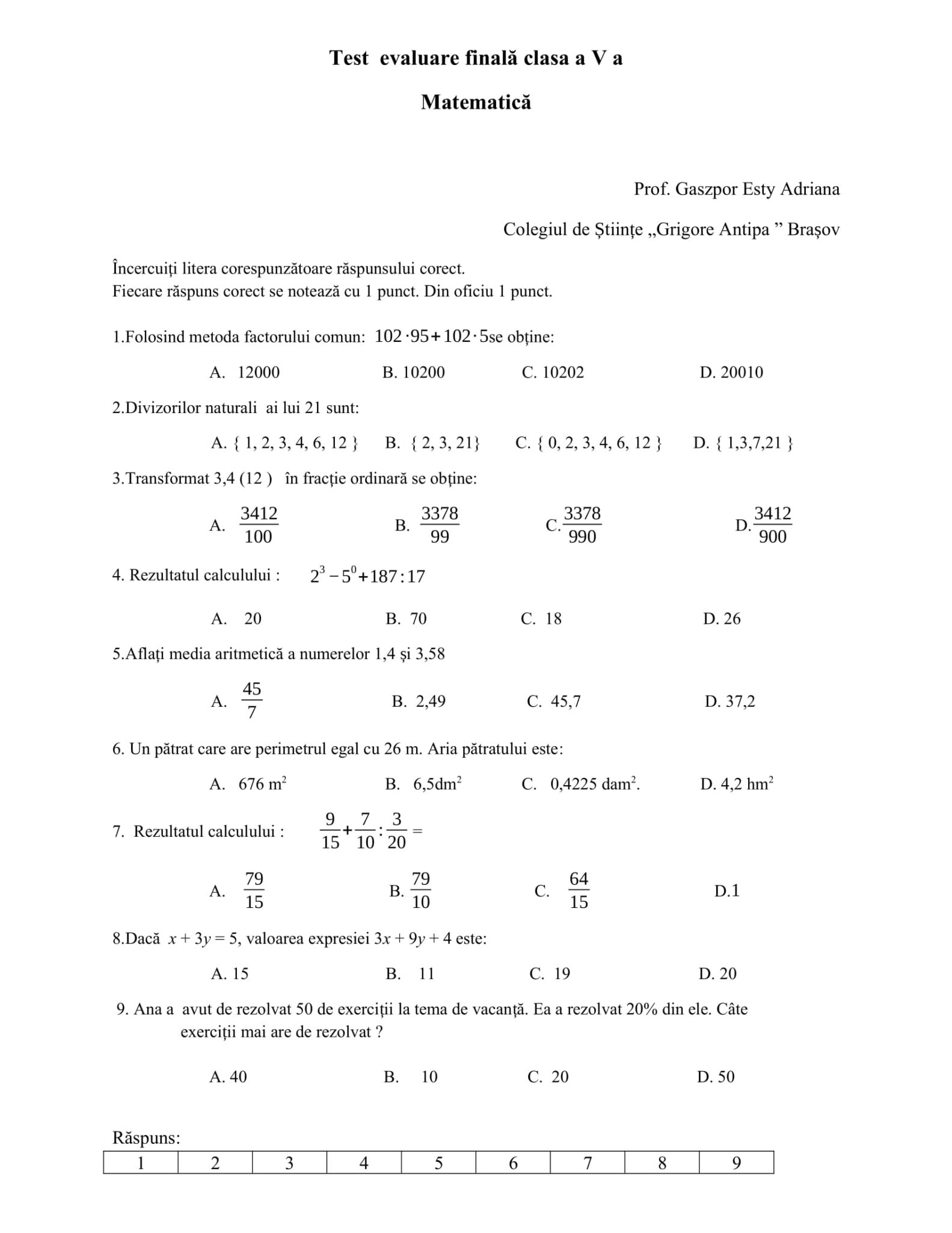 AcademiaABC – Evaluare finală Matematică Clasa a V-a