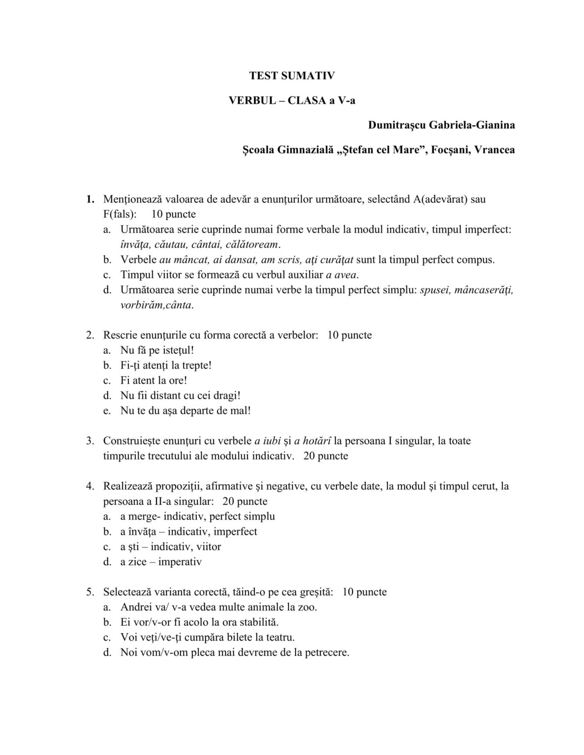 AcademiaABC – Test sumativ-Verbul Clasa a V-a