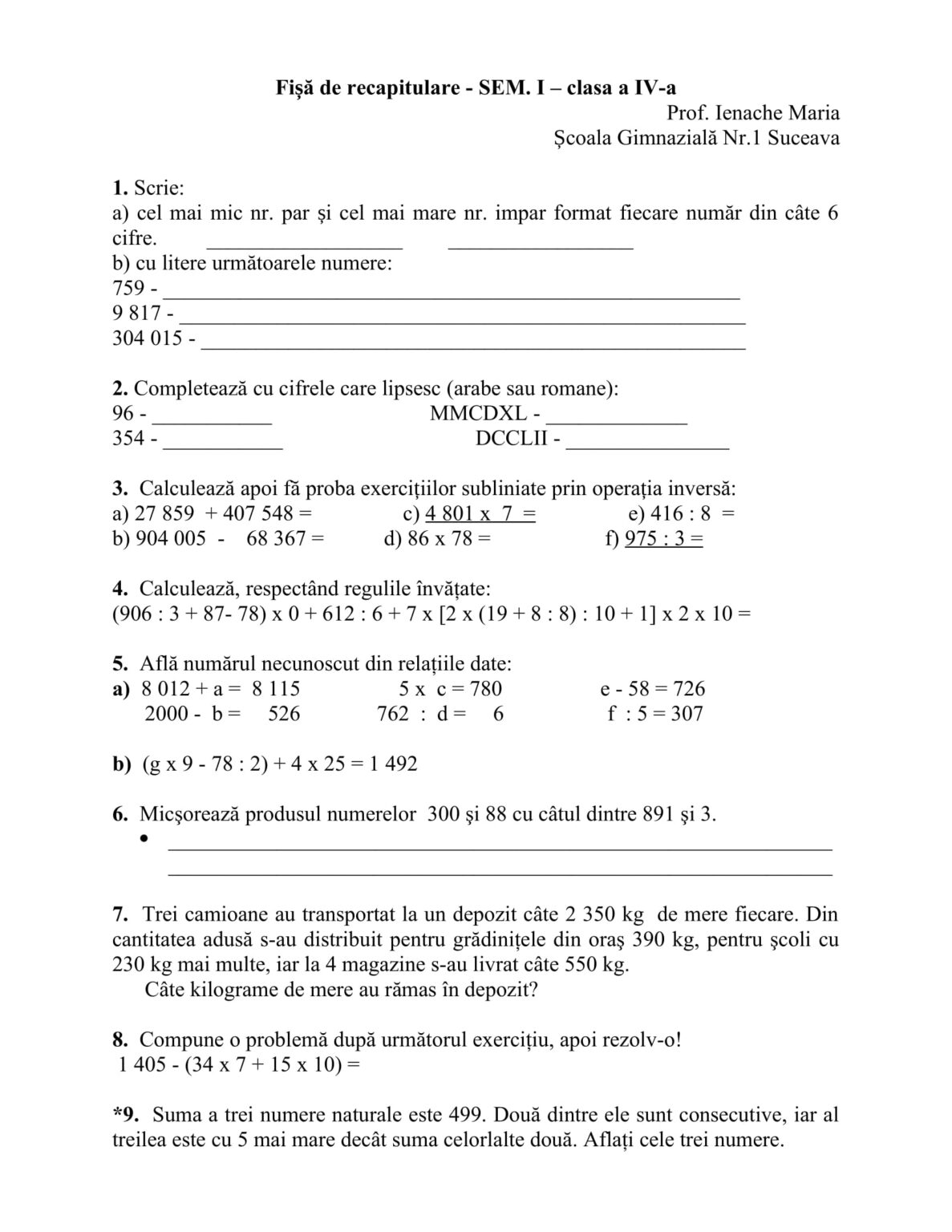 AcademiaABC – Fișă de recapitulare-Matematică Clasa a IV-a Sem I