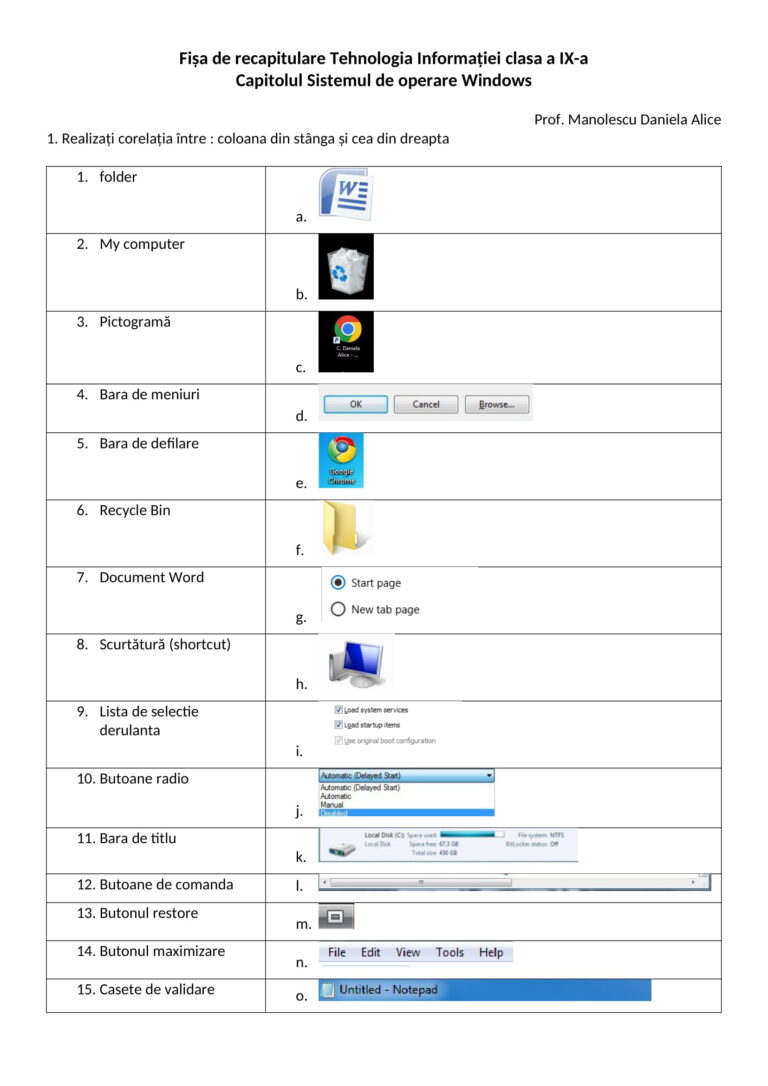 AcademiaABC – Fișa de recapitulare TIC Clasa a IX-a Sistemul de operare Windows
