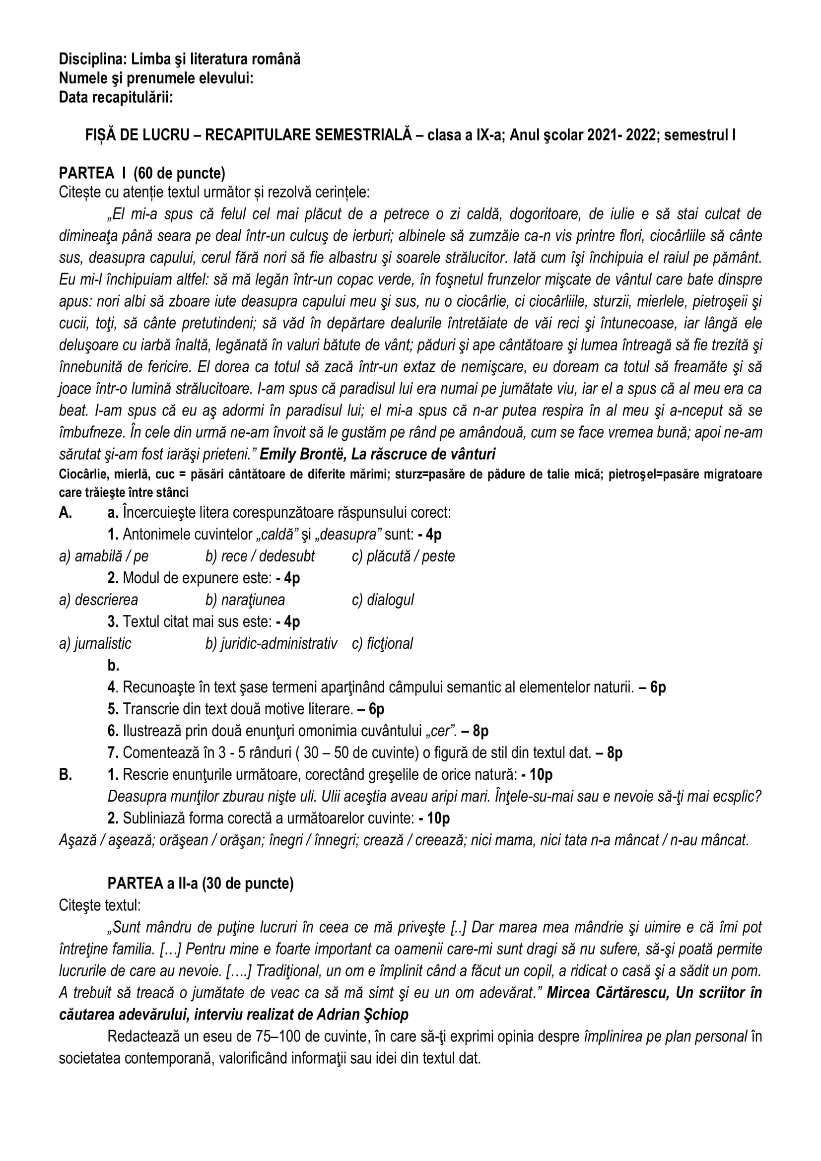 AcademiaABC – Fișă de lucru–Recapitulare semestrială Clasa a IX-a