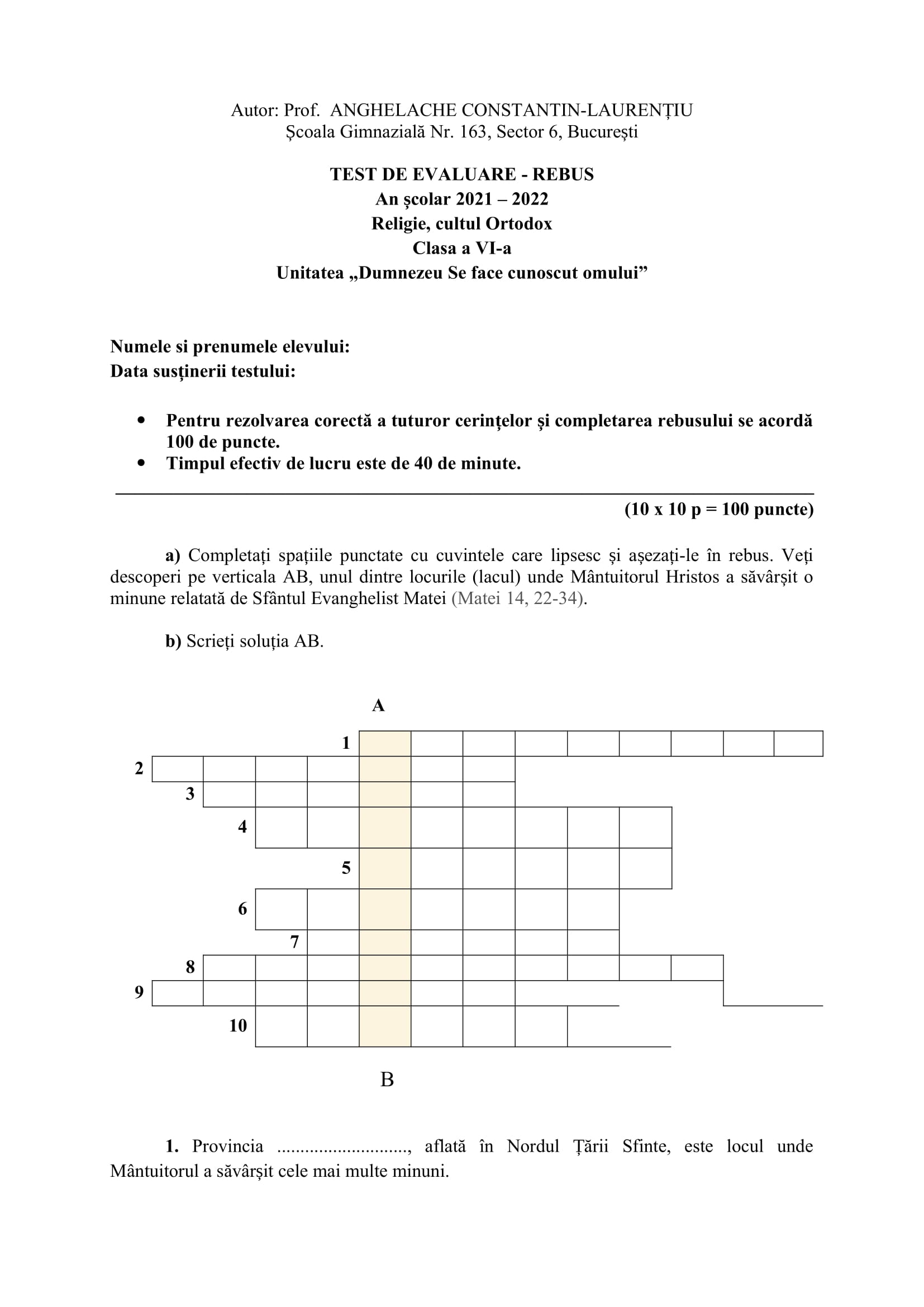 AcademiaABC – Evaluare Religie Clasa a VI-a „Dumnezeu Se face cunoscut ...