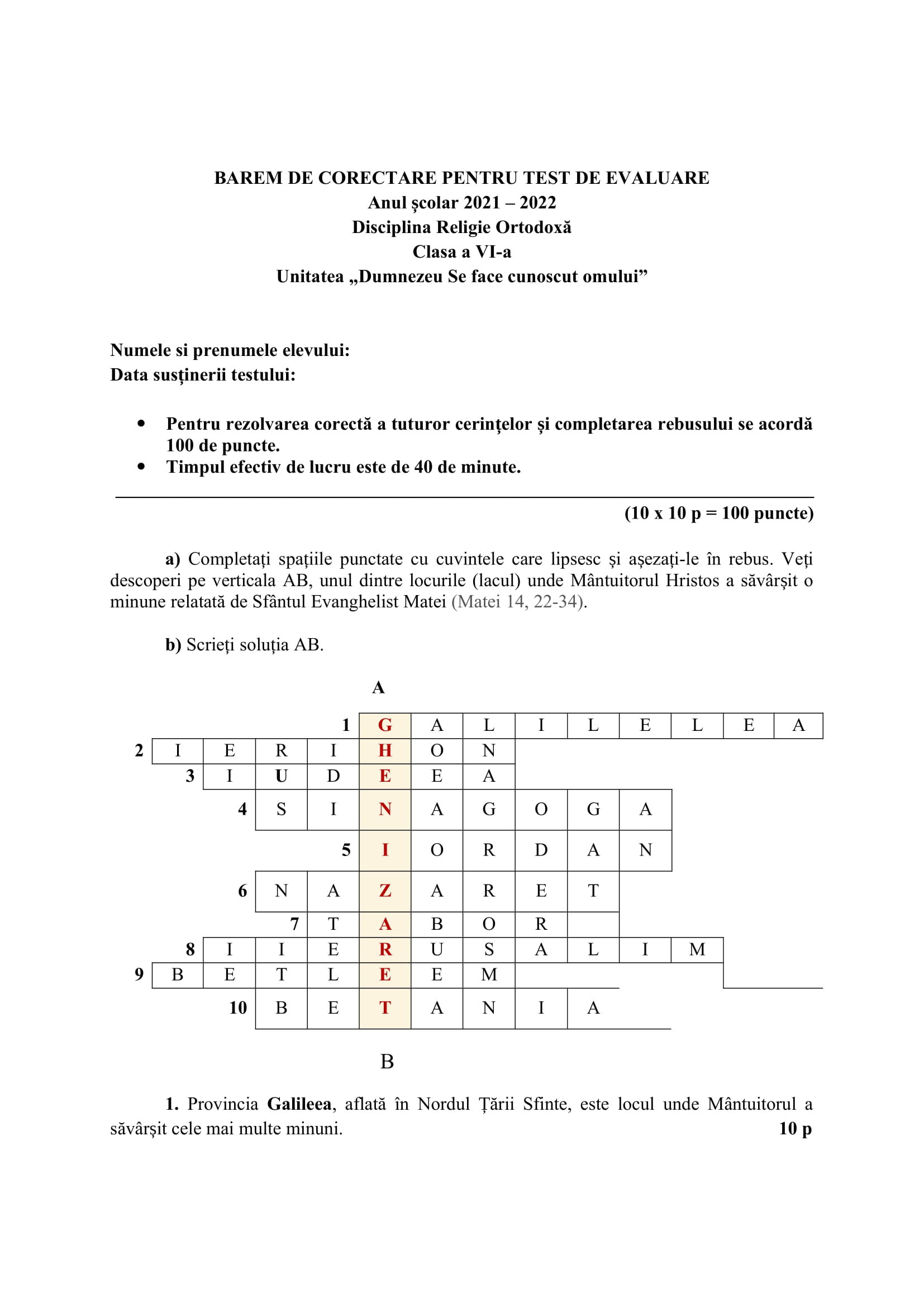 AcademiaABC – Evaluare Religie Clasa a VI-a „Dumnezeu Se face cunoscut ...