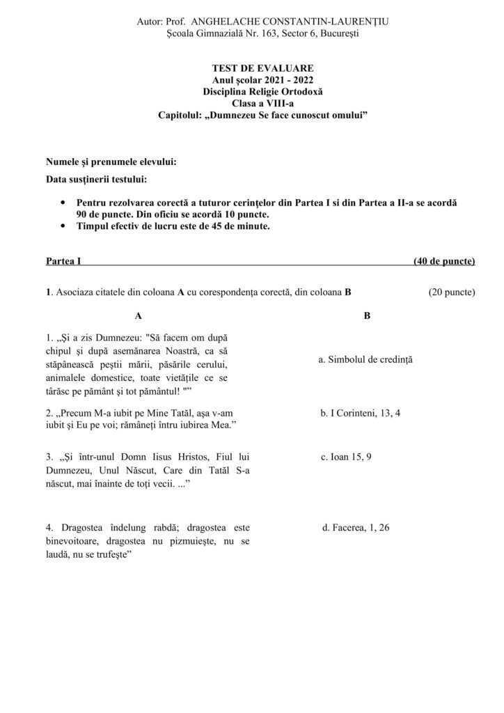 AcademiaABC – Evaluare Religie Clasa a VIII-a „Dumnezeu Se face cunoscut omului”