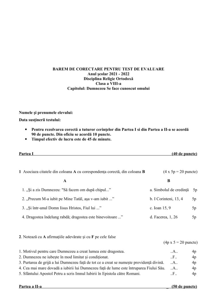 AcademiaABC – Evaluare Religie Clasa a VIII-a „Dumnezeu Se face cunoscut omului”