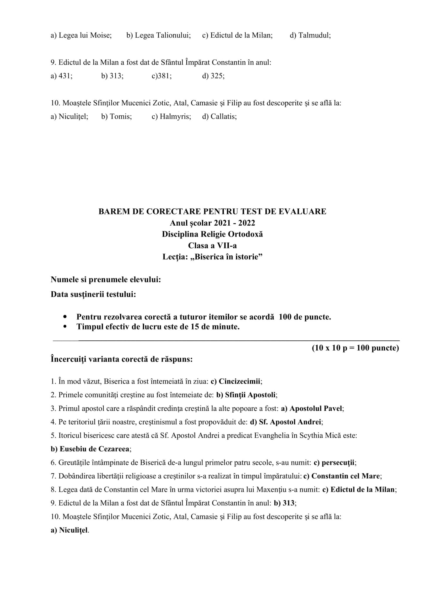 AcademiaABC – Evaluare Religie Clasa a VII-a „Biserica în istorie”