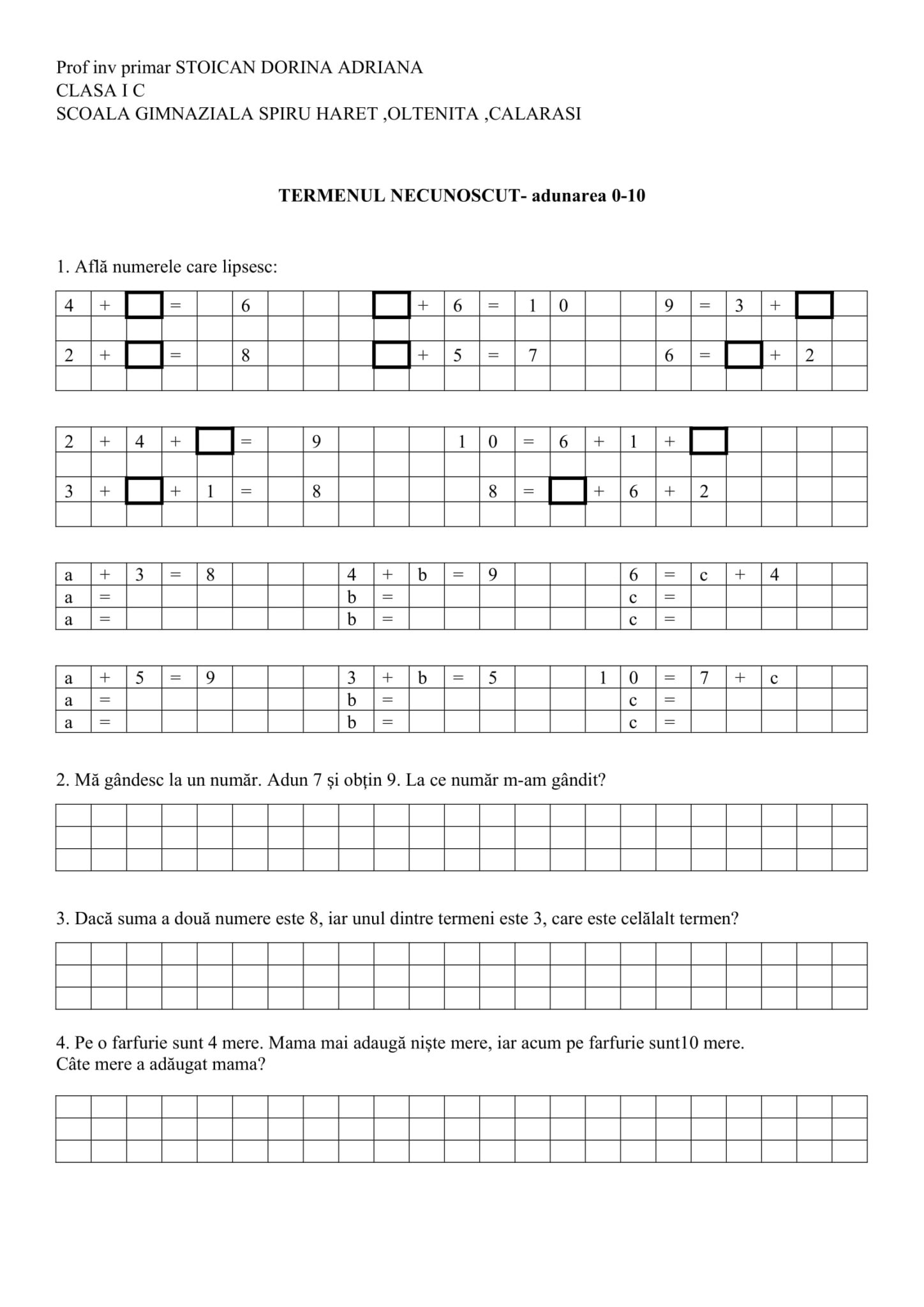 AcademiaABC – Fișă de lucru-Termenul necunoscut Adunarea numerelor 0-10