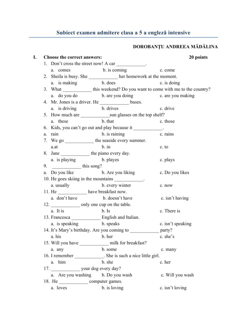 AcademiaABC – Subiect examen admitere clasa a V-a Engleză intensiv