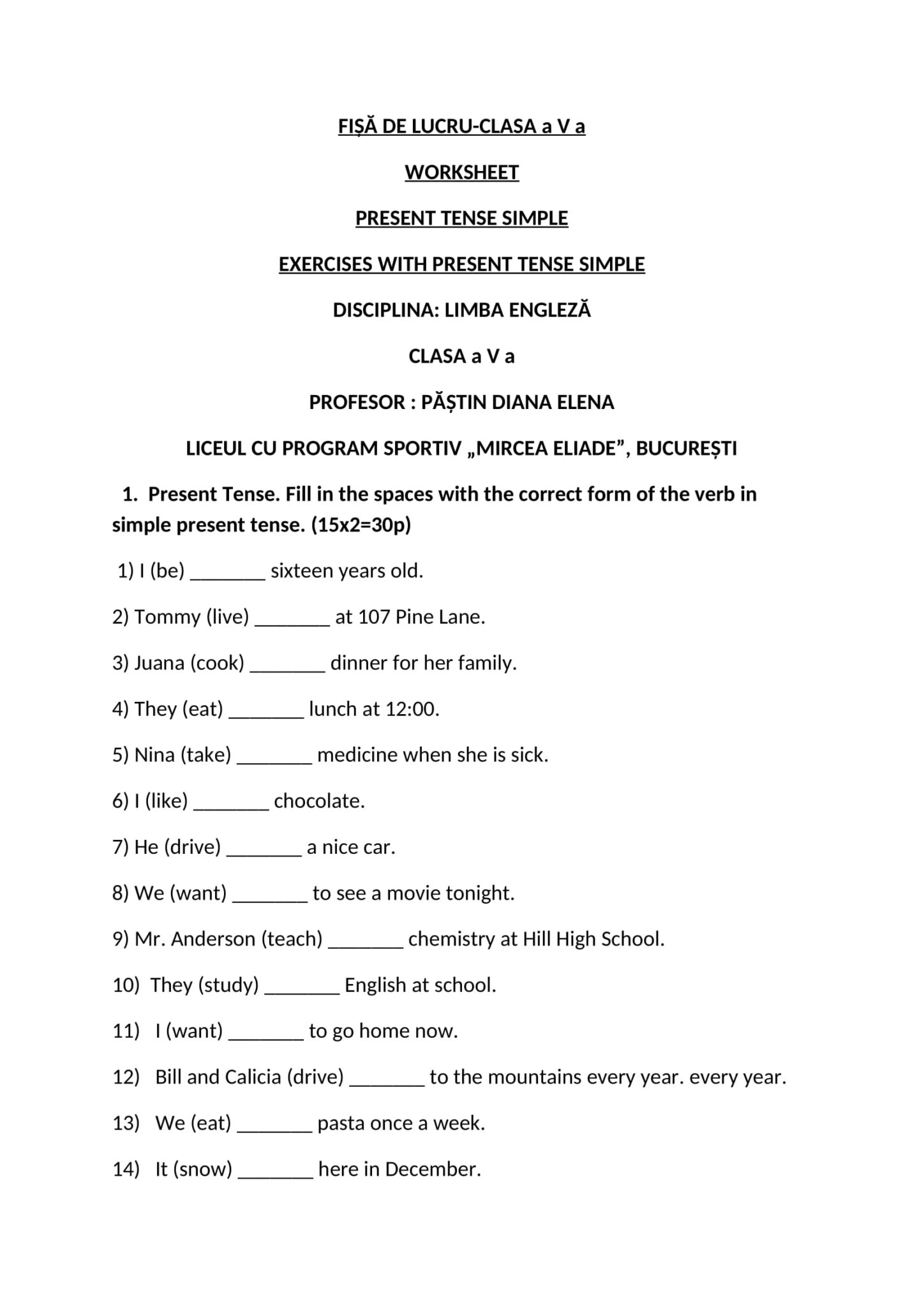 AcademiaABC – Fișă de lucru Clasa a v-a Worksheet Present tense simple