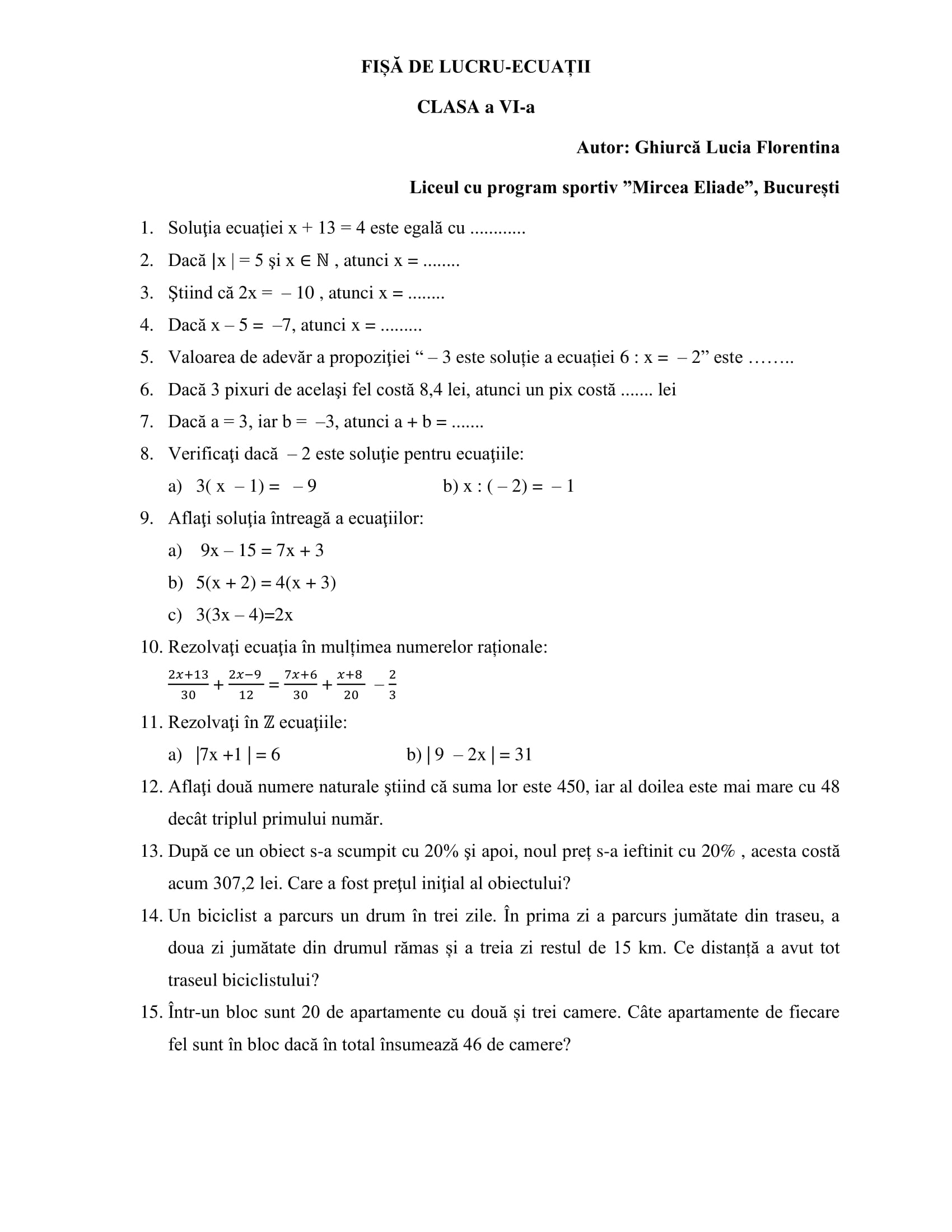 AcademiaABC – Fișă de lucru Clasa a VI-a Matematică Ecuații