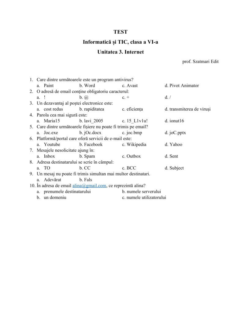 AcademiaABC – Test grilă Informatică și TIC-Internet Clasa a VI-a