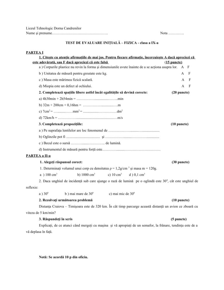 AcademiaABC – Test de evaluare inițială Fizică Clasa a IX-a